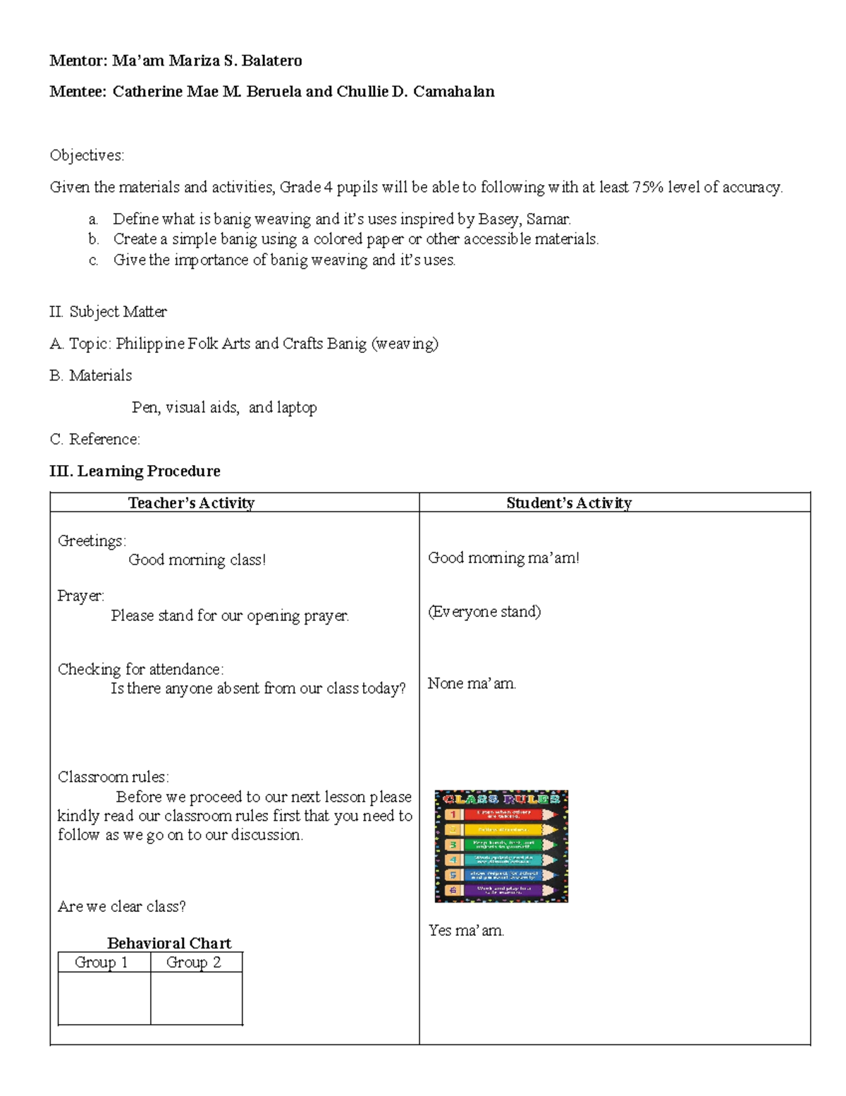 Lesson Plan: Banig Weaving (Grade 4) - Maam Balatero - Studocu