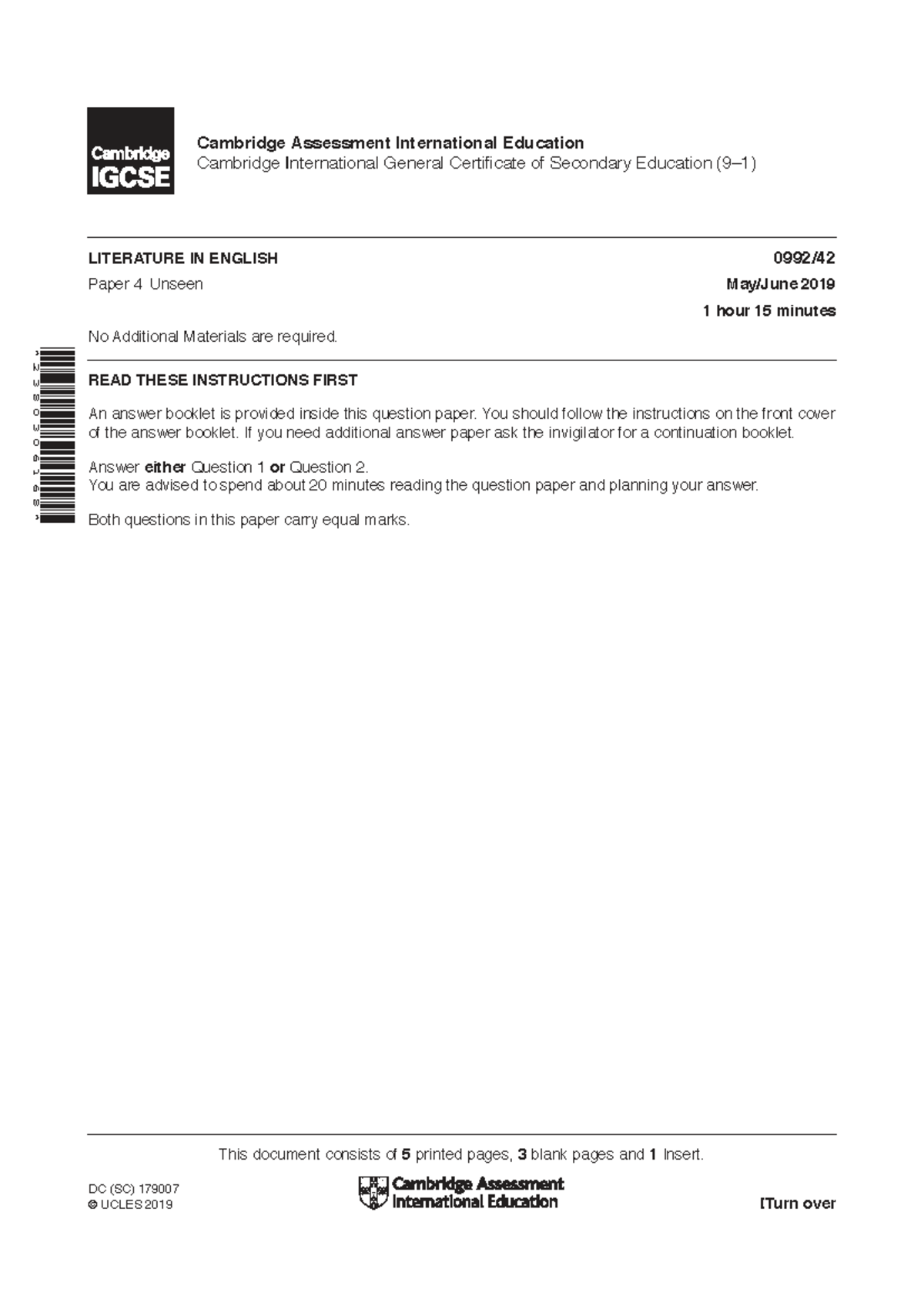 Cambridge IGCSE Literature in English 0992/19 Paper 4 Unseen Exam - Studocu