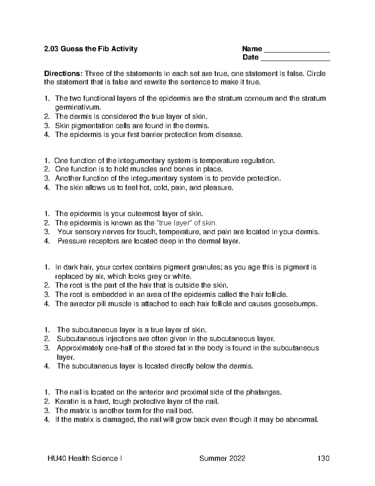 HU40 Health Science I 2022 two truths and one fib integumentary ...