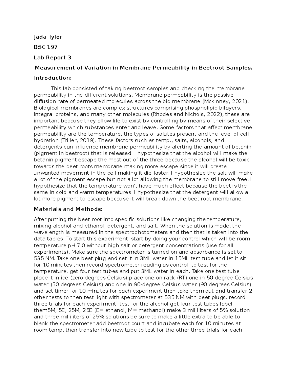 BSC 197 Lab Report 3: Membrane Permeability in Beetroot Samples - Studocu