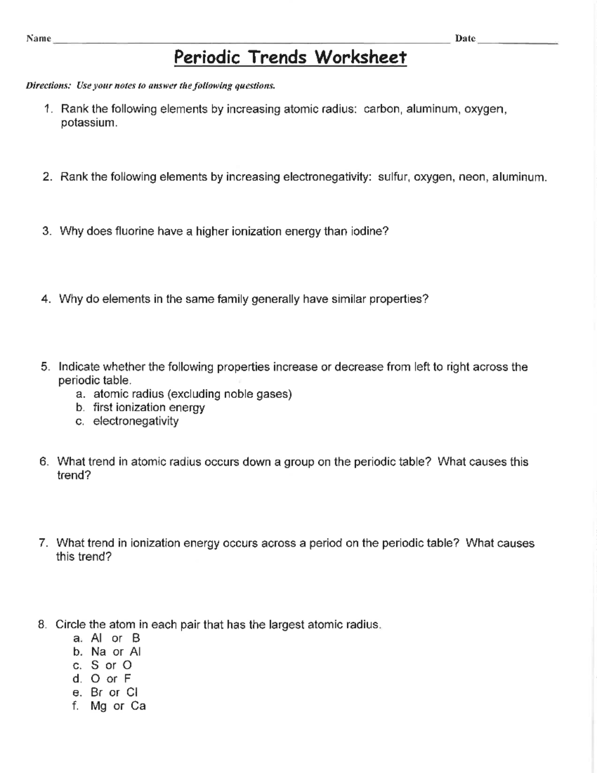 Periodic Trends WS Student Version - Name Date Periodic Trends ...