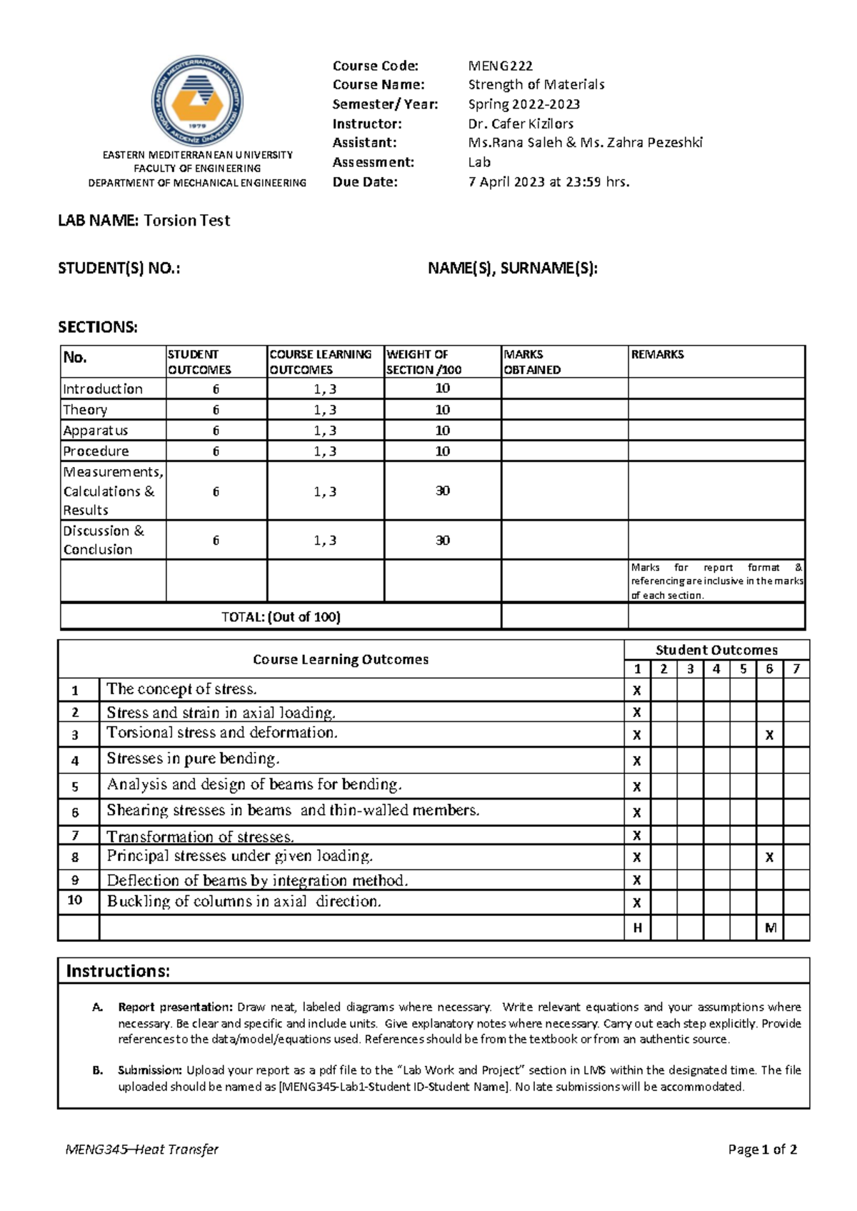 MENG222 Lab Report: Torsion Test Guidelines and Template - Studocu