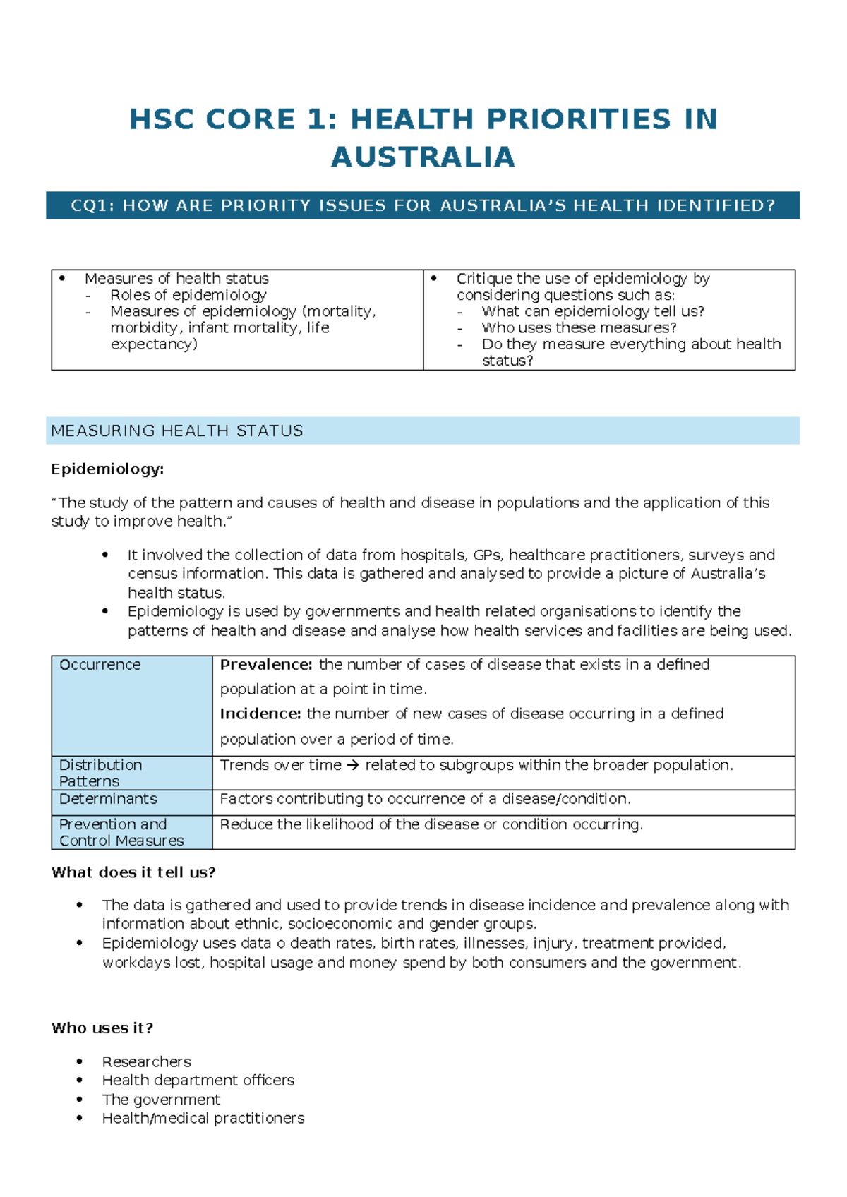 PDHPE Core 1: Health Priorities in Australia - CQ1 Analysis and ...