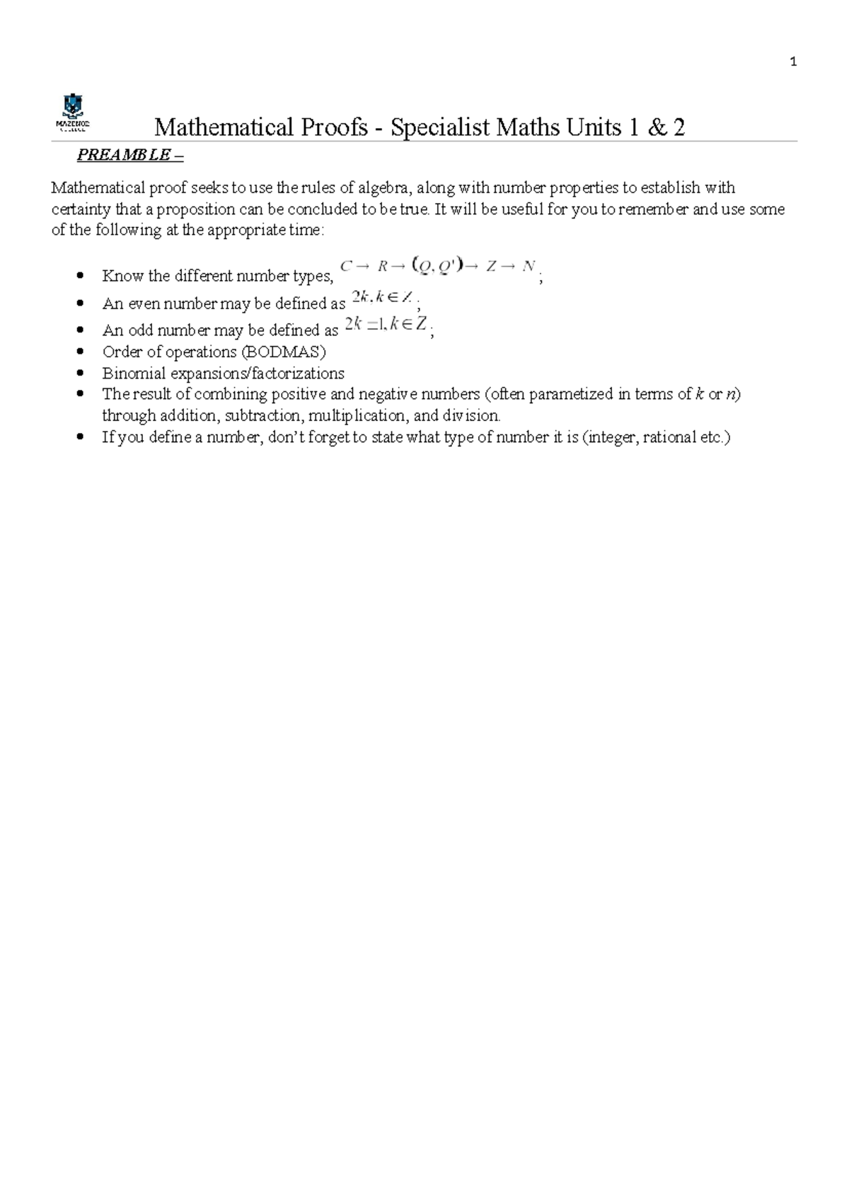 Mathematical Proofs - Year 11 Specialist Maths Units 1 & 2 Notes - Studocu