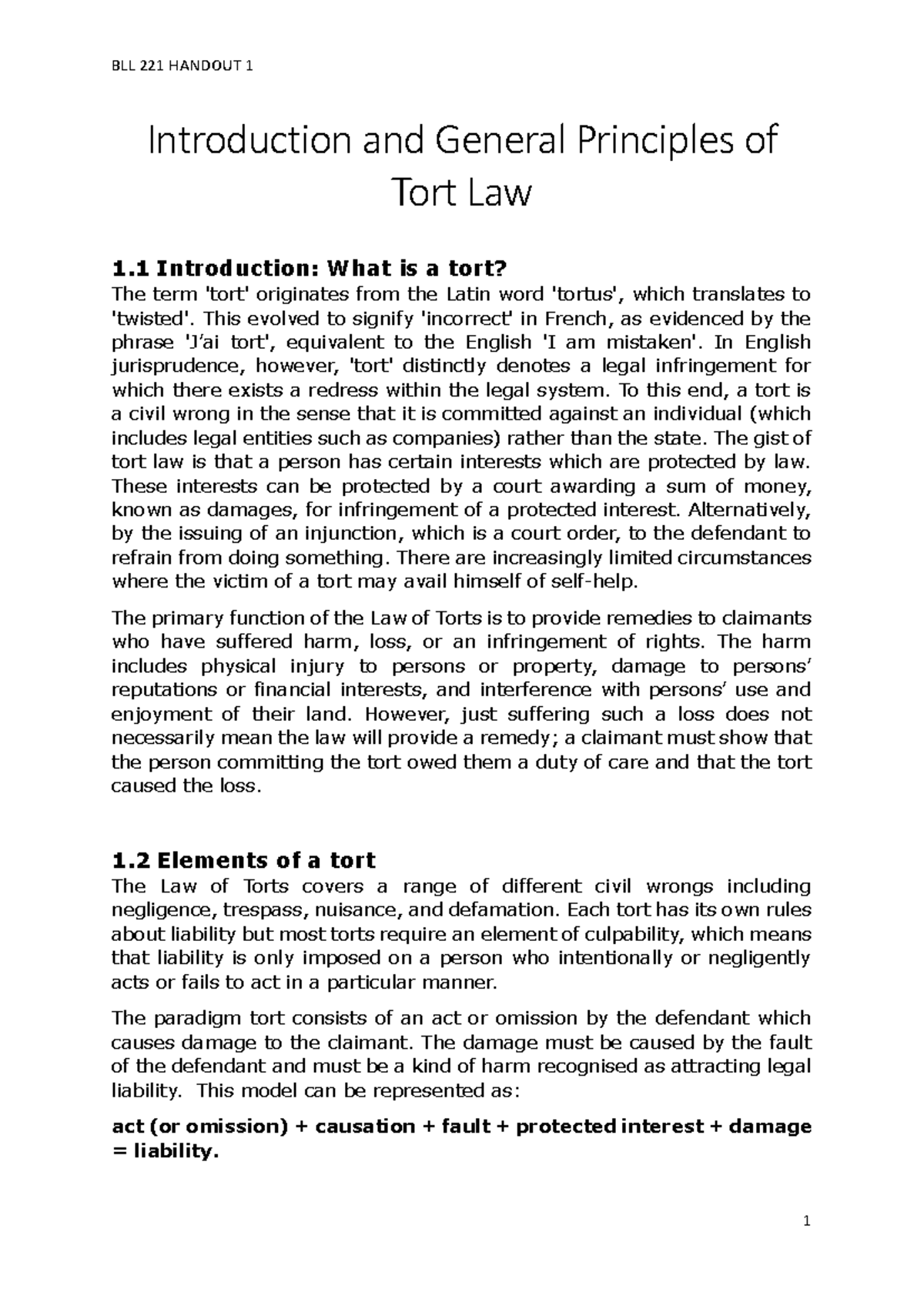 BLL 221 HANDOUT: Intro to Tort Law & Key Principles - Studocu