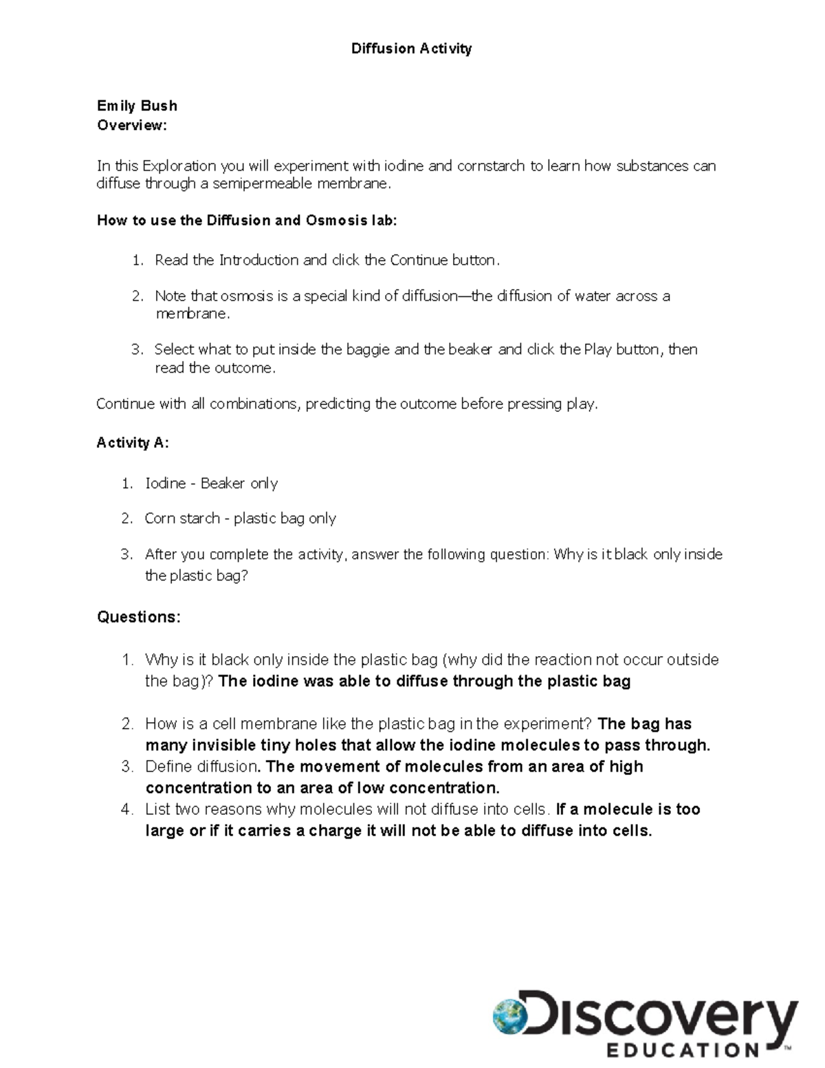 BIO 101: Diffusion Activity with Iodine and Cornstarch Experiment - Studocu