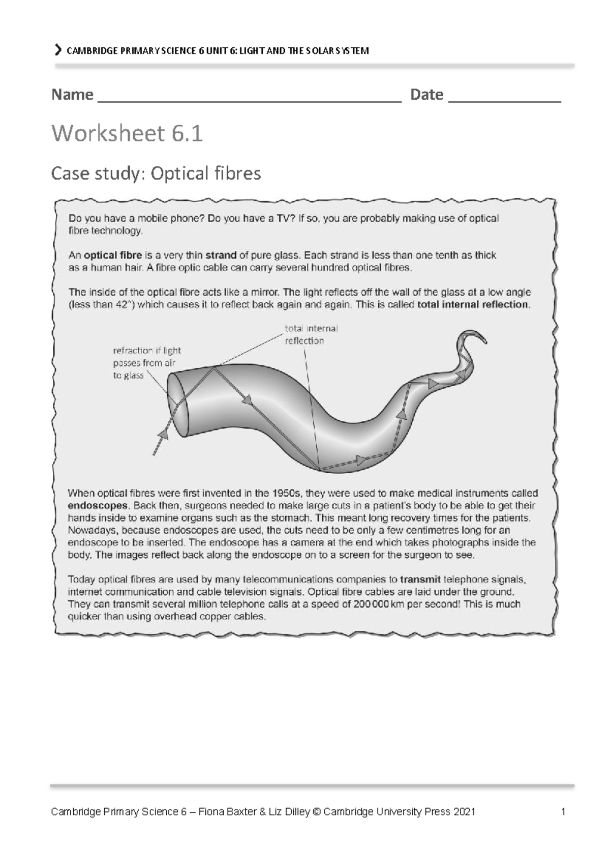 CAMBRIDGE PRIMARY SCIENCE 6 UNIT 6: LIGHT & SOLAR SYSTEM Worksheets ...