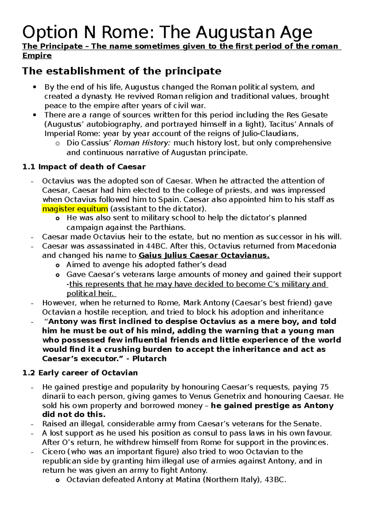 Augustan Age: Key Notes on the Principate and Reforms - Studocu