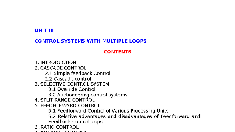 UNIT CONTROL SYSTEMS WITH MULTIPLE LOOPS: A Comprehensive Overview - Studocu