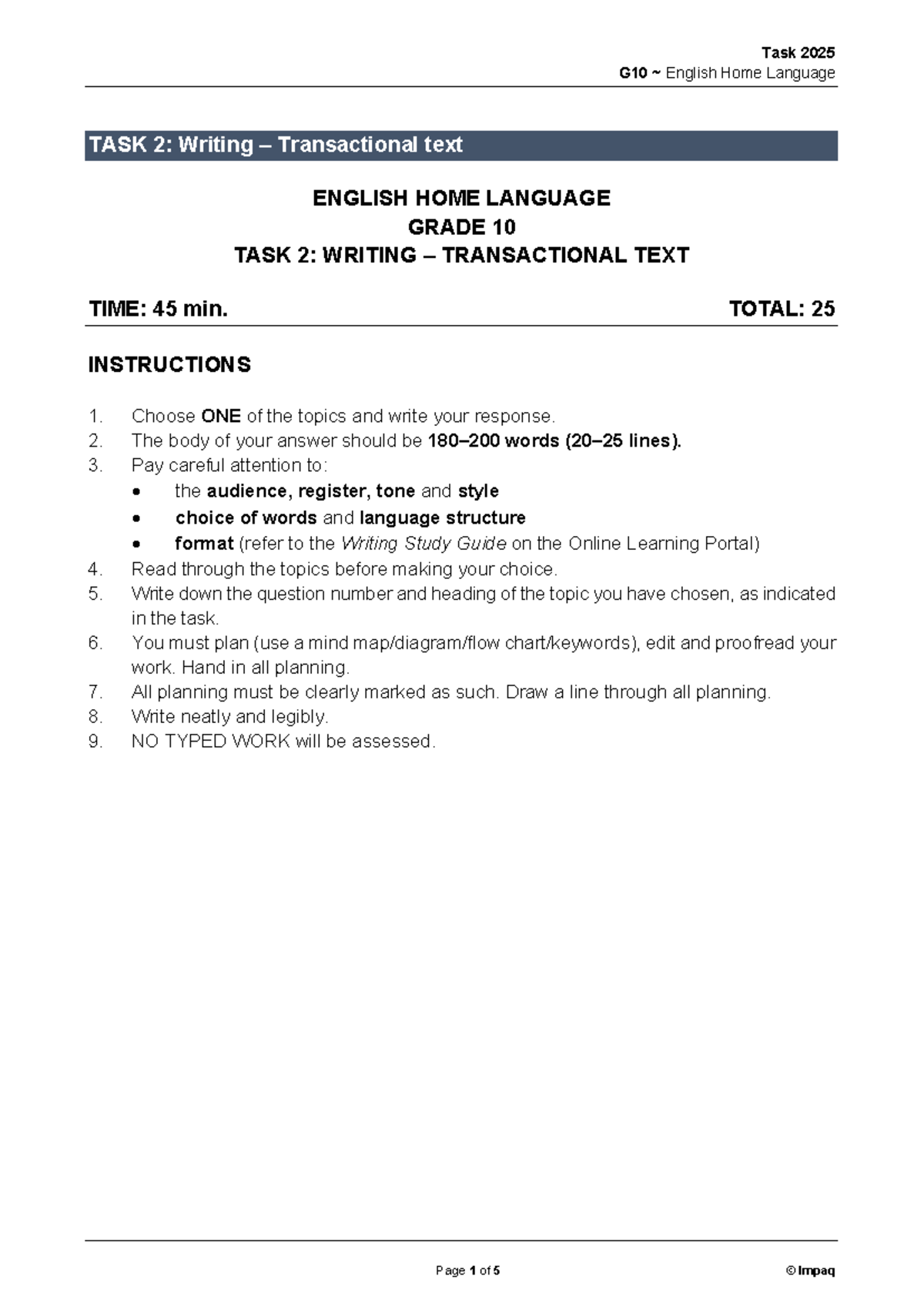 ENG G10 Home Language Task 2: Writing Transactional Text Guide - Studocu