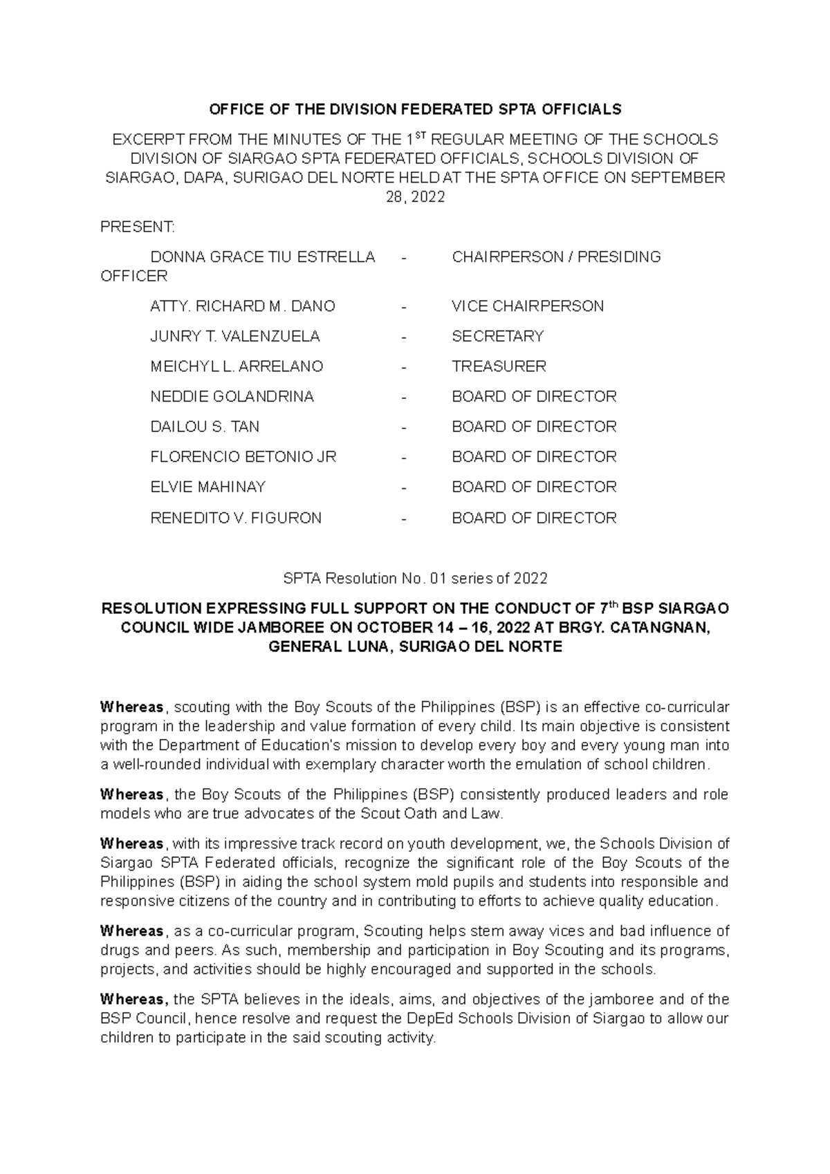 SPTA Resolution 01, 2022: Support for 7th BSP Siargao Jamboree - Studocu