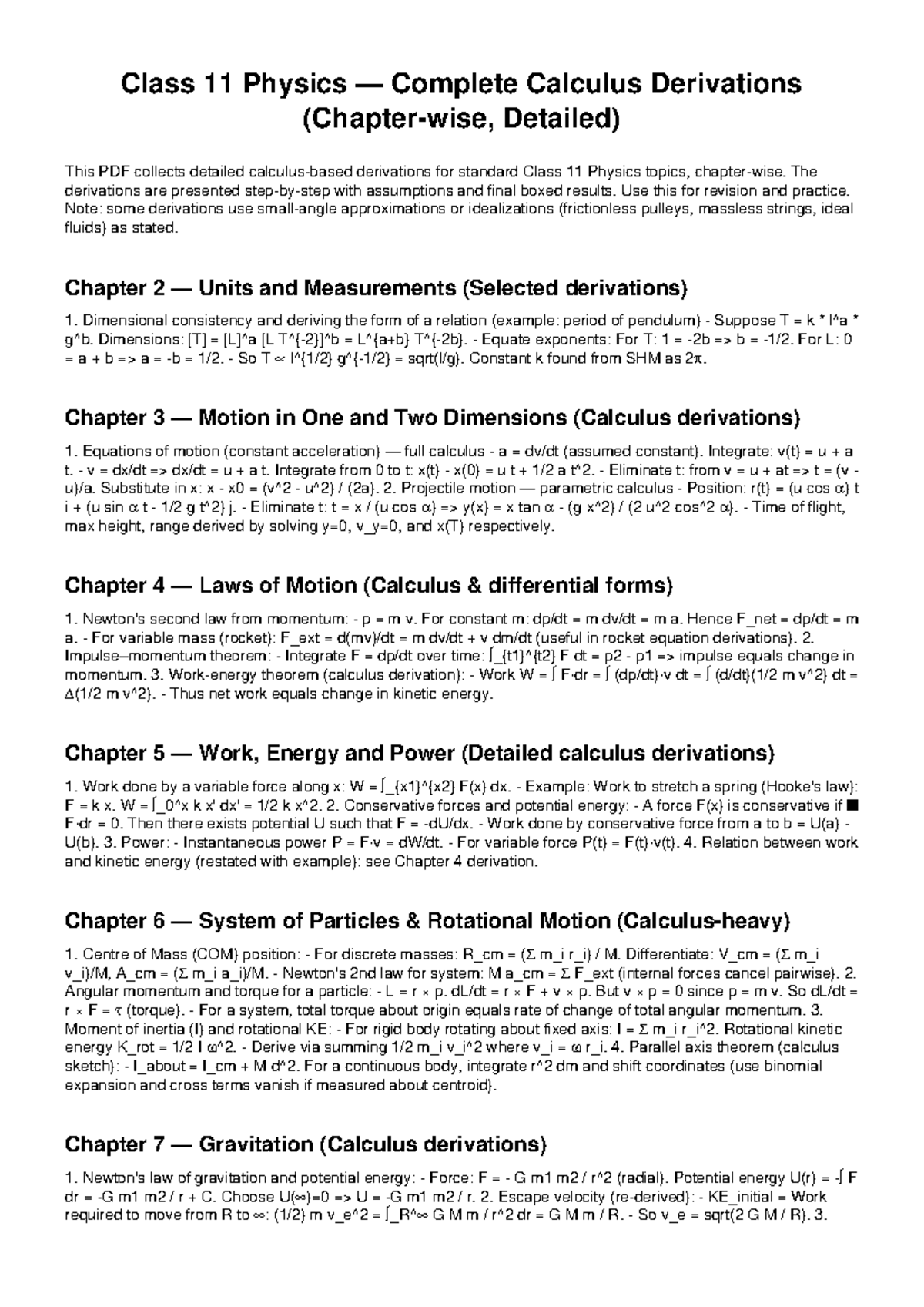 Class 11 Physics Derivations: Comprehensive Guide - Studocu