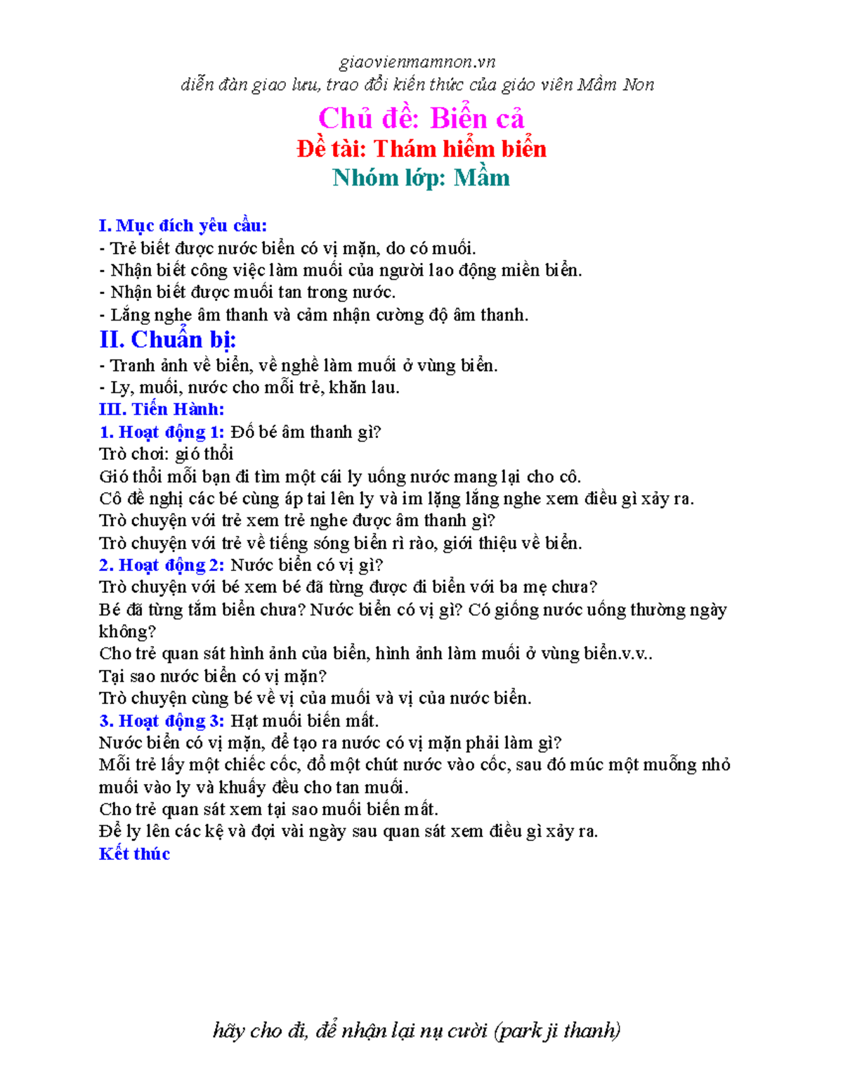 Thám hiểm biển: Hoạt động giáo dục Mầm Non về nước và muối - Studocu