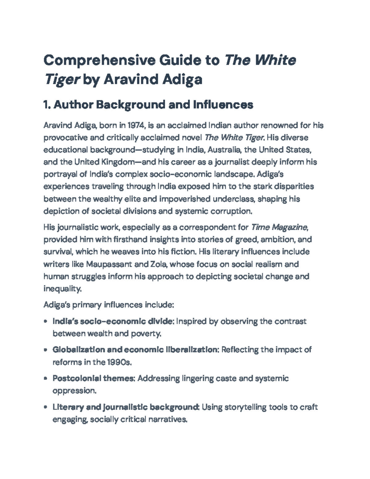 Comprehensive Study Guide to The White Tiger (ENG 101) by Aravind Adiga ...