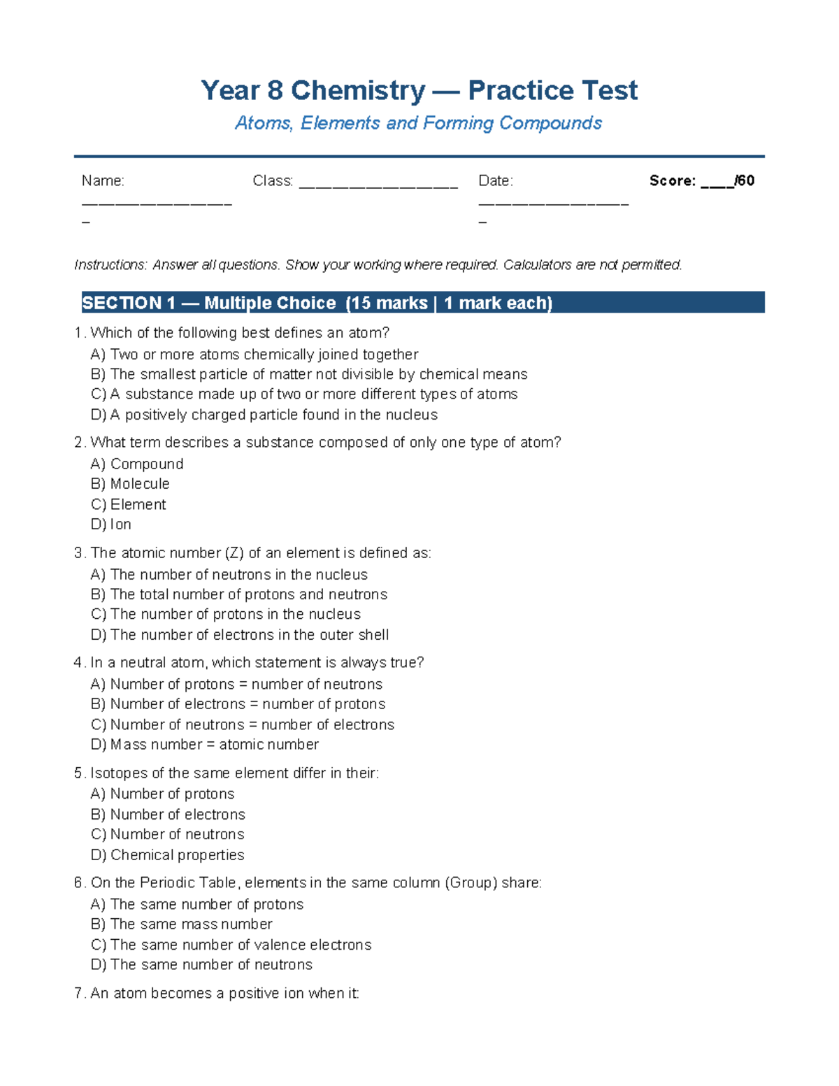 8SCI Year 8 Chemistry Practice Test: Atoms, Elements & Compounds - Studocu