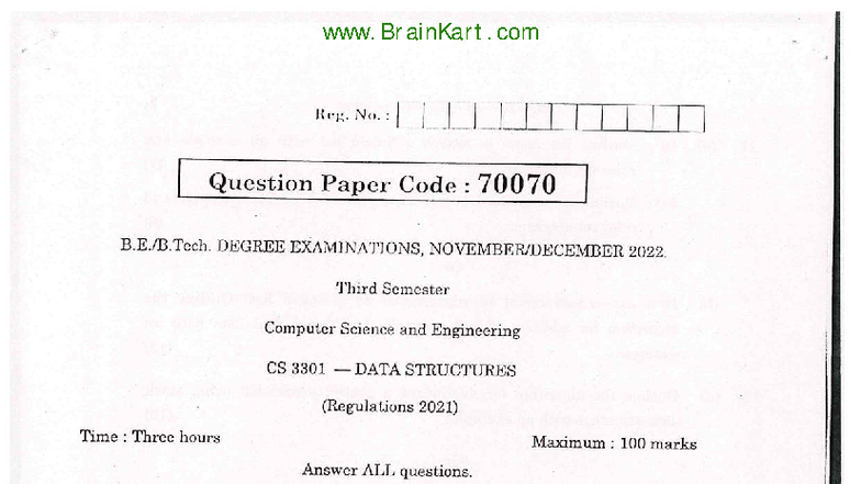 Data Structure - CS3301 2021 Regulation - Question Paper 2022 Nov Dec ...