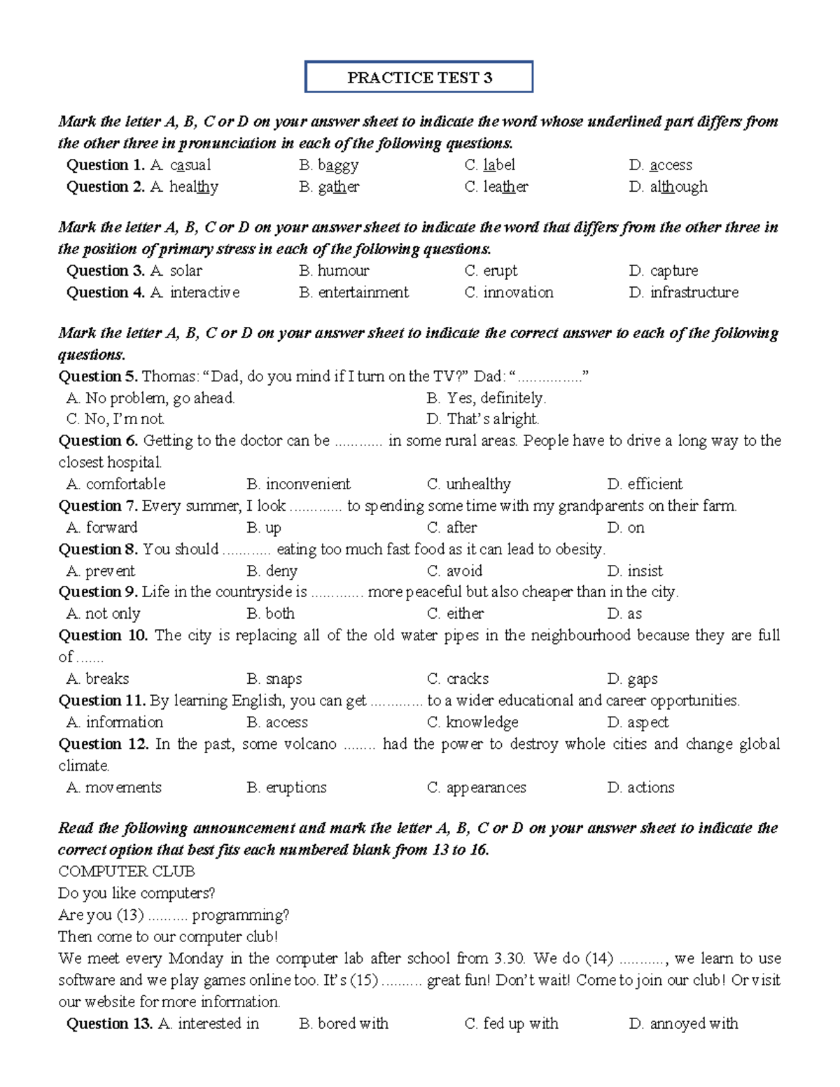 Bộ 3 PRACTICE TEST 3: Pronunciation & Vocabulary Questions - Studocu