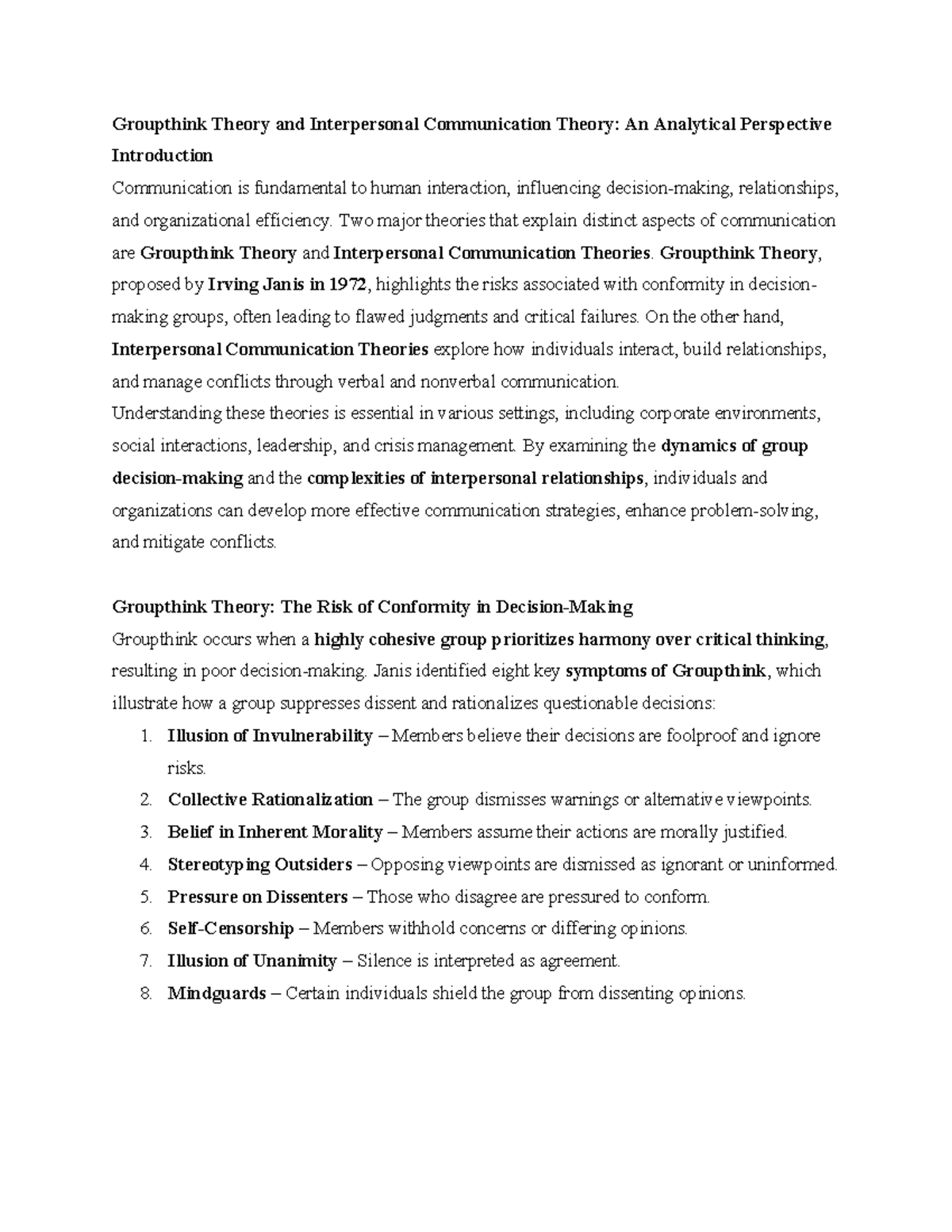 Groupthink Theory and Interpersonal Communication Theory - Two major ...