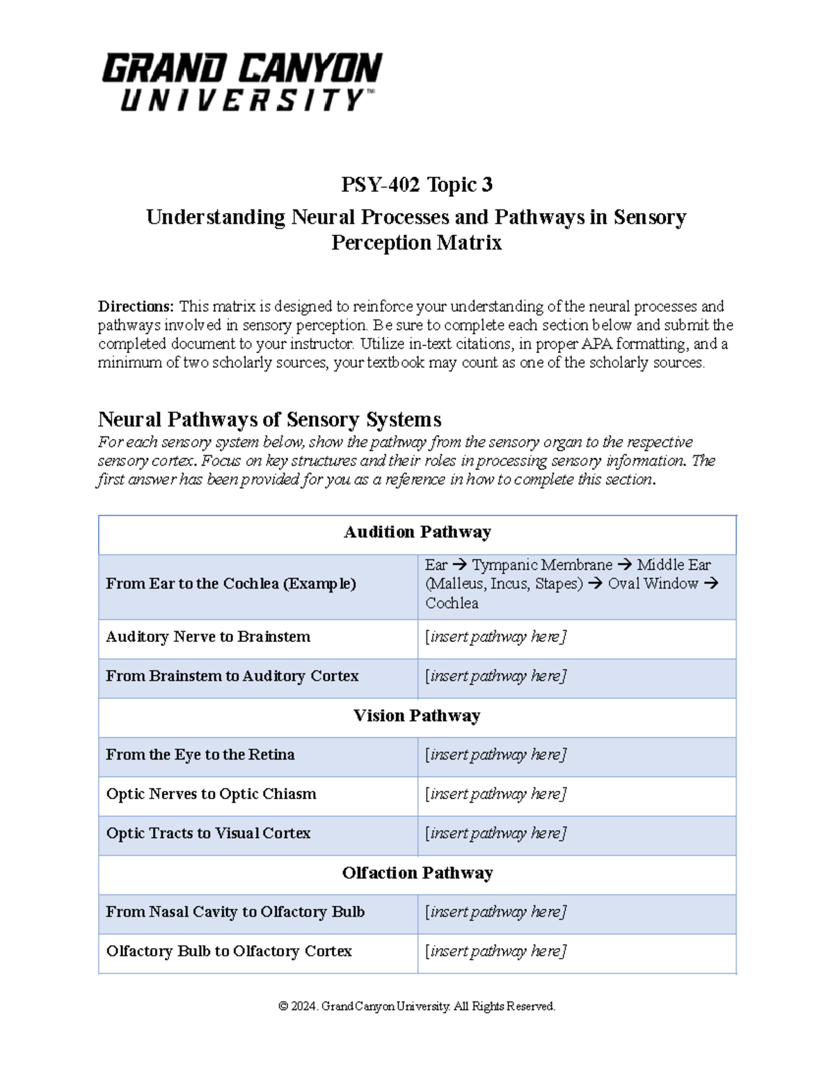 PSY 402 RS T3Understanding Neural Processesand Pathwaysin Sensory Perception Matrix - PSY-402 ...
