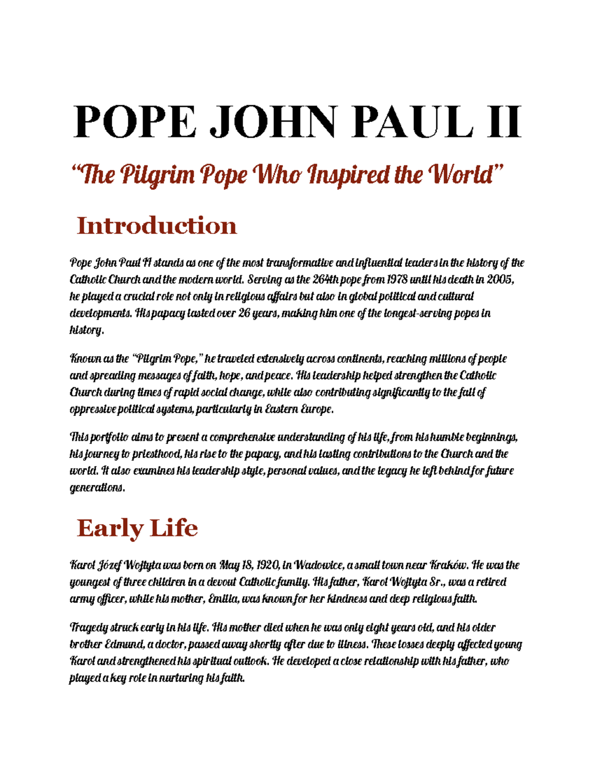 POPE 101: The Life and Legacy of Pope John Paul II - Studocu