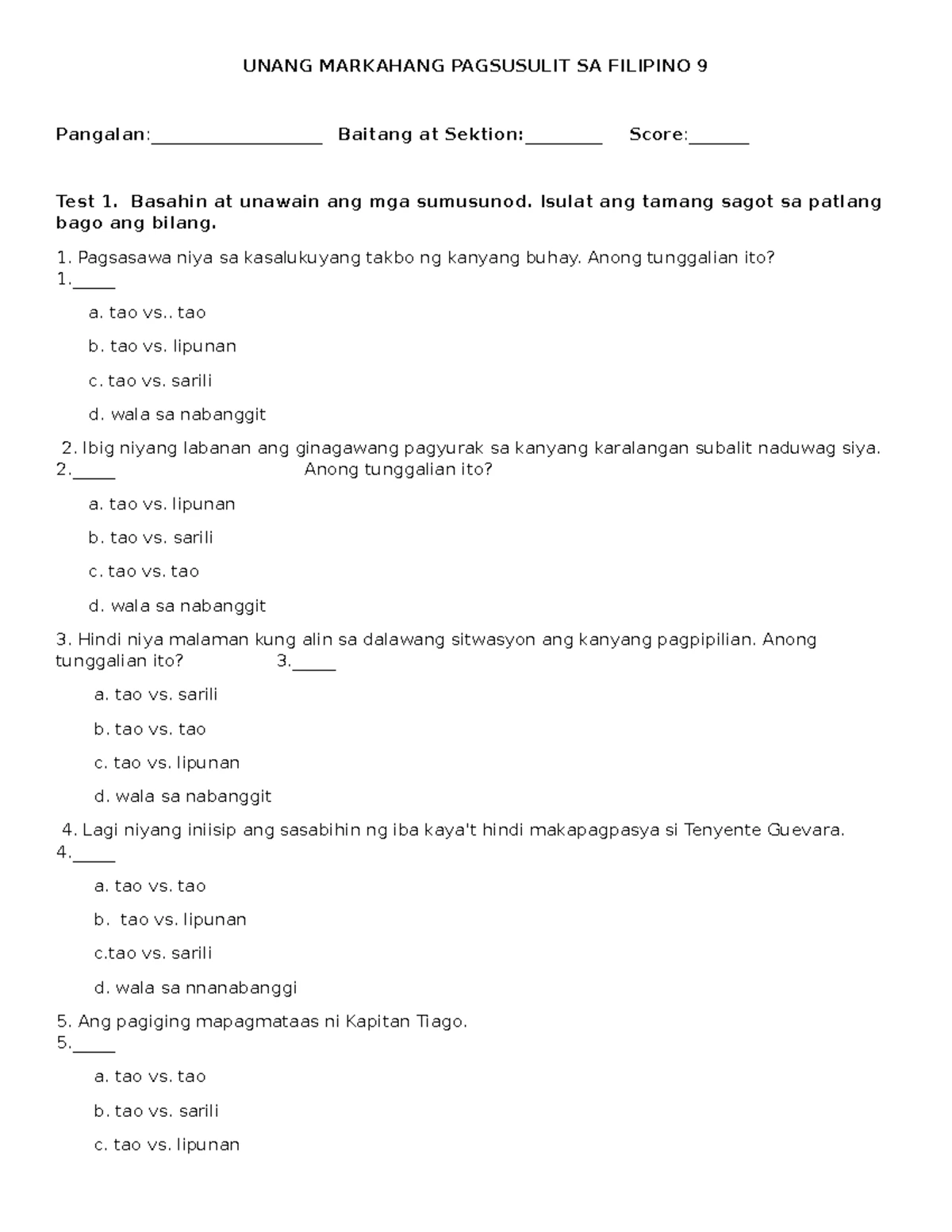 Test Question in Filipino - UNANG MARKAHANG PAGSUSULIT SA FILIPINO 9 ...