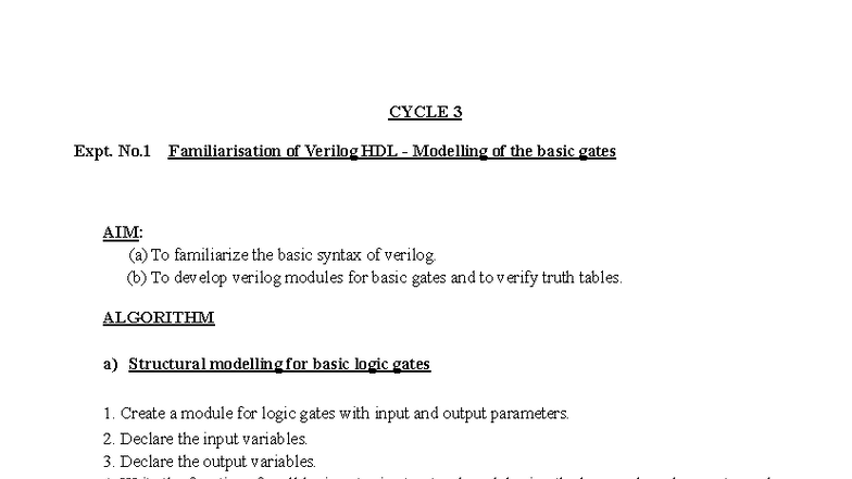 CYCLE 3: Verilog HDL Basics & Logic Gates Modelling Techniques - Studocu
