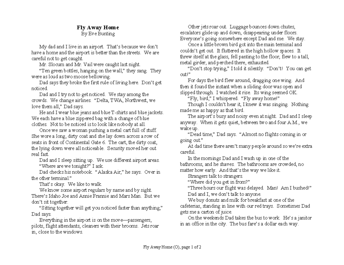 Fly Away Home - Mentor Text Analysis and Lessons - Studocu