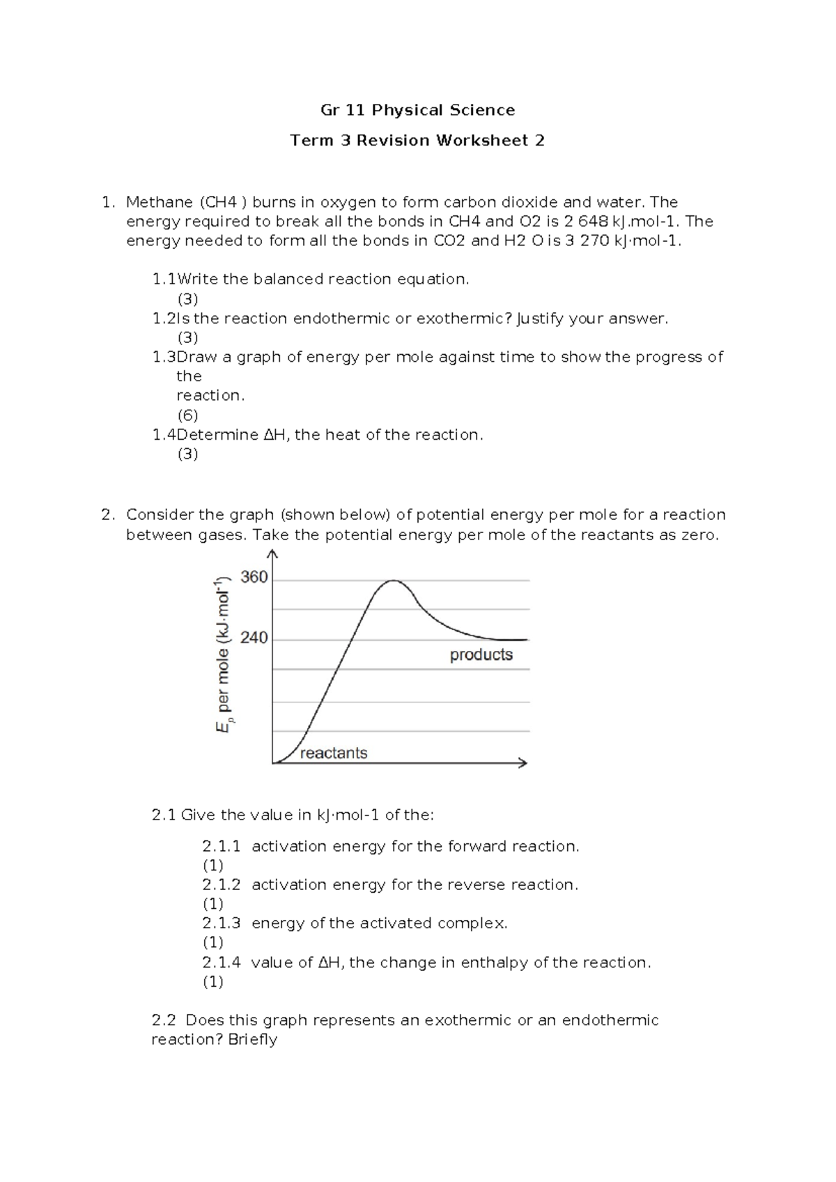 Gr 11 Physical Science T3 Revision Worksheet 2: Energy Changes in ...