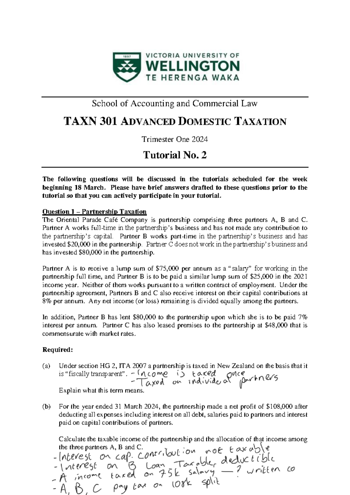 TAXN 301 Tutorial 2 - Advanced Domestic Taxation Q&A (Trimester 1, 2024) - Studocu