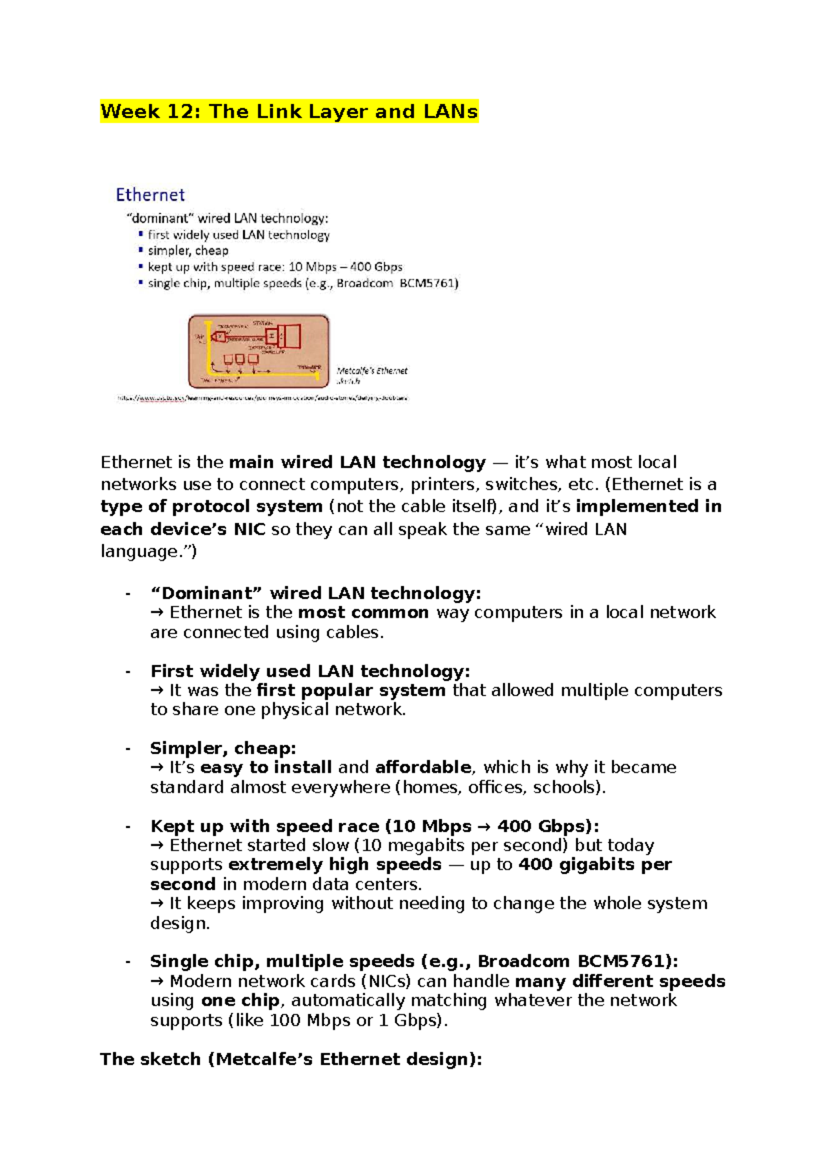 Week 12 Notes: Understanding the Link Layer and Ethernet LANs - Studocu