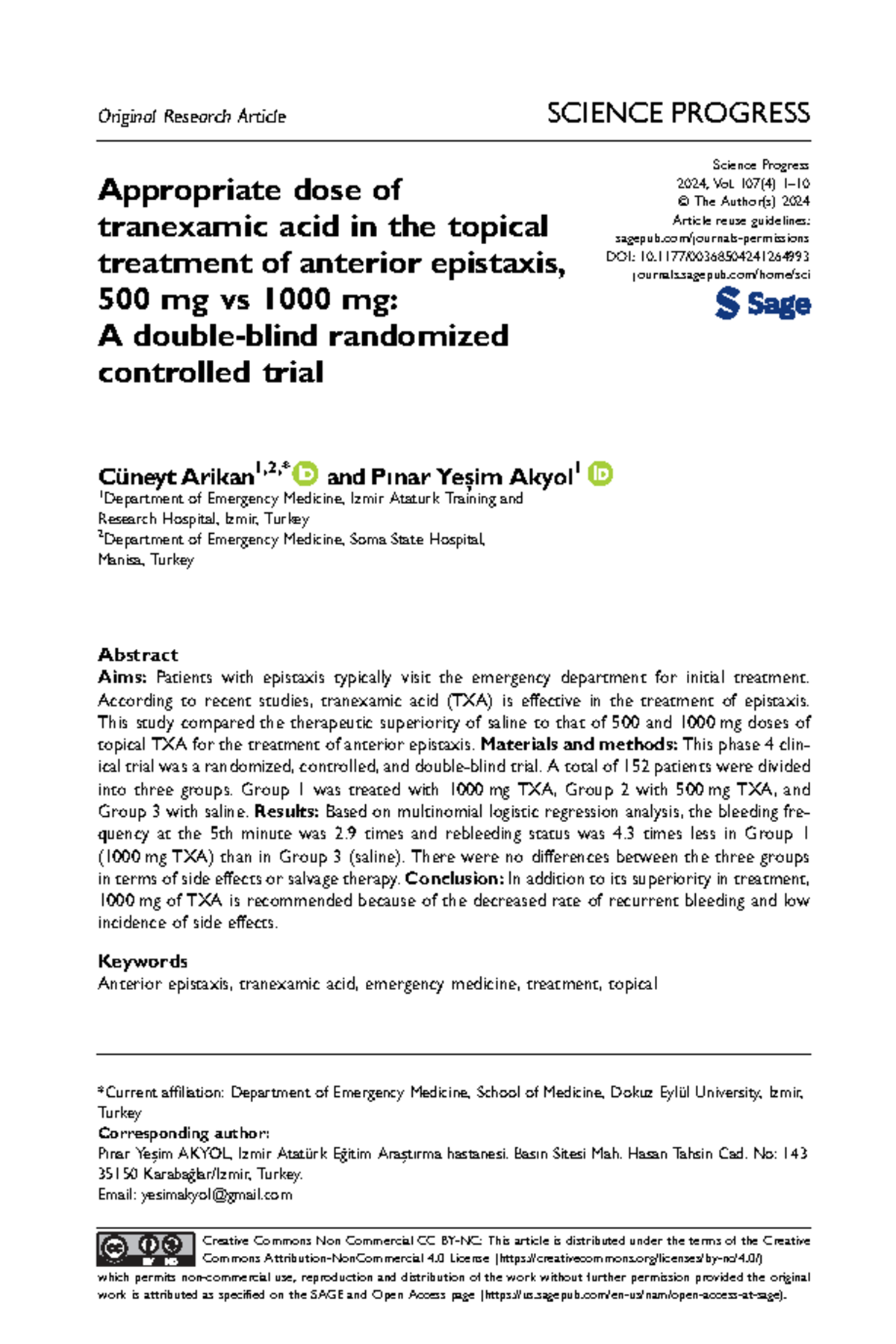 SCI 2024: Appropriate TXA Dose in Topical Anterior Epistaxis Treatment ...