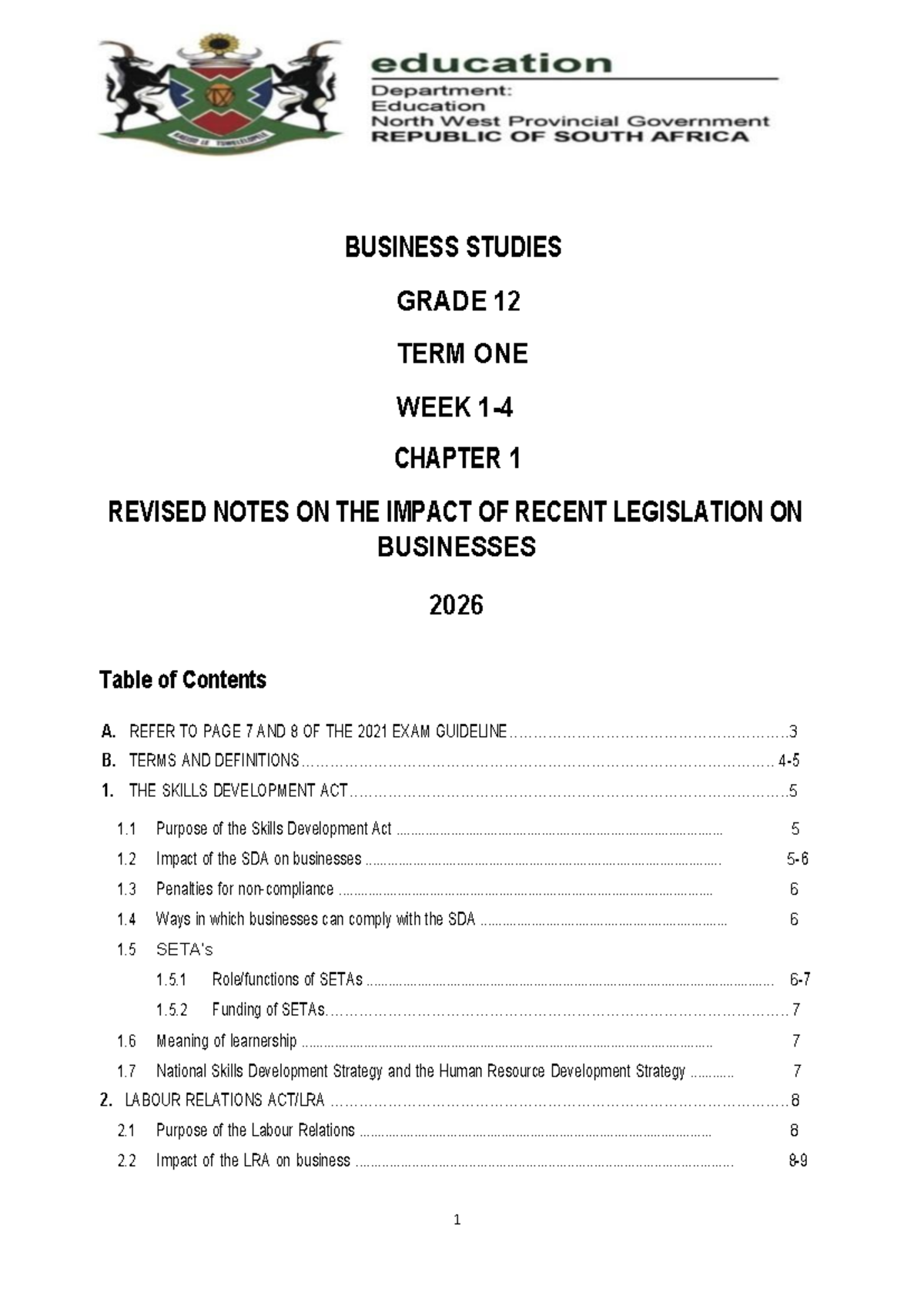 2026 Gr 12 Business Studies Revised Notes on Recent Legislation Impact ...
