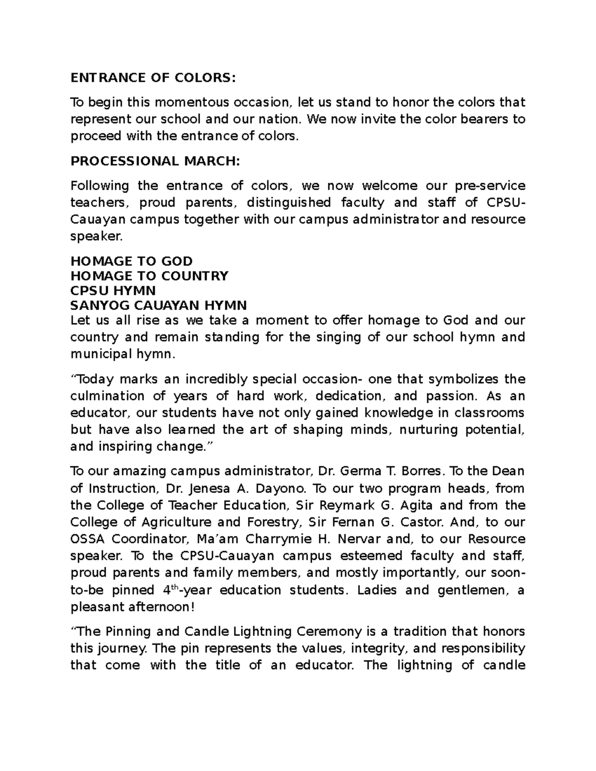 Entrance of Colors Ceremony Program - CPSU 4th Year Education - Studocu