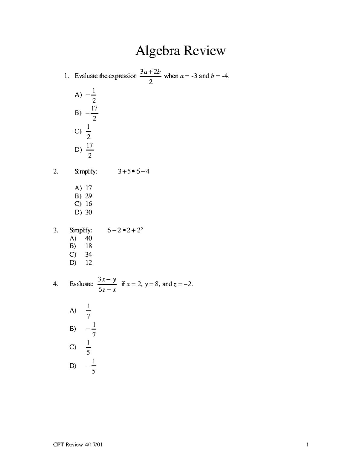 Algebra Test Questions and Solutions (Course Code: MATH101) - Studocu