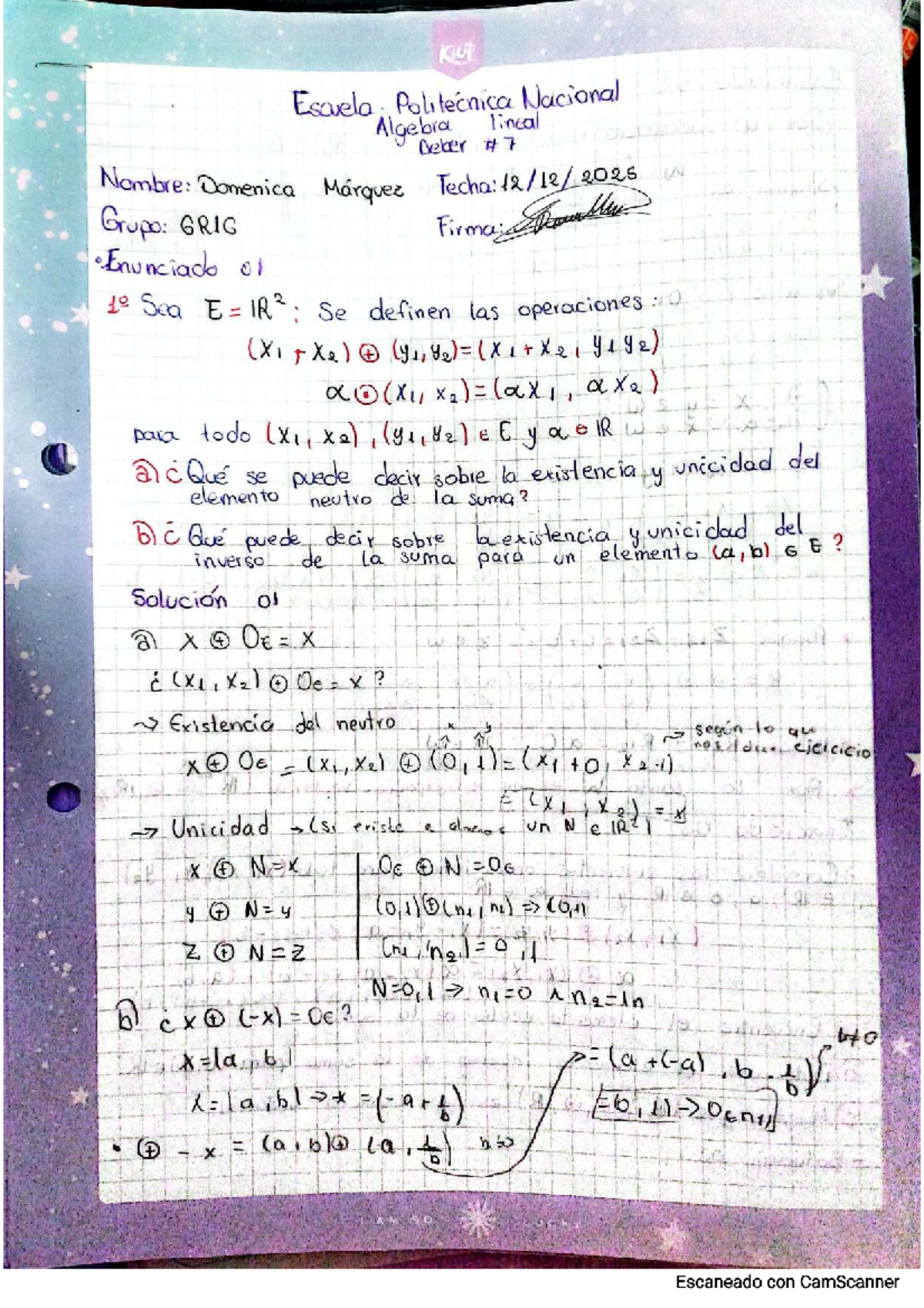 Tarea 07: Algebra Lineal - Esavela Politecnica Nacional - Studocu