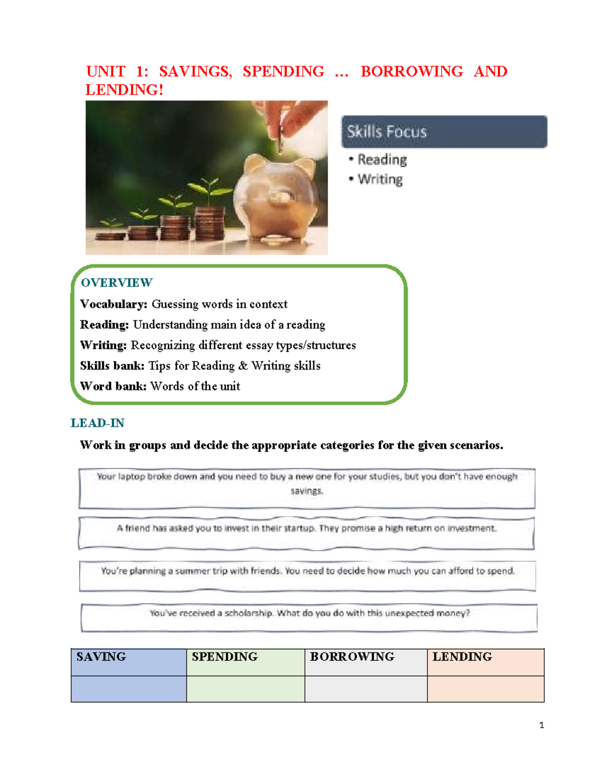UNIT 1: SAVINGS, SPENDING, BORROWING & LENDING OVERVIEW - Studocu