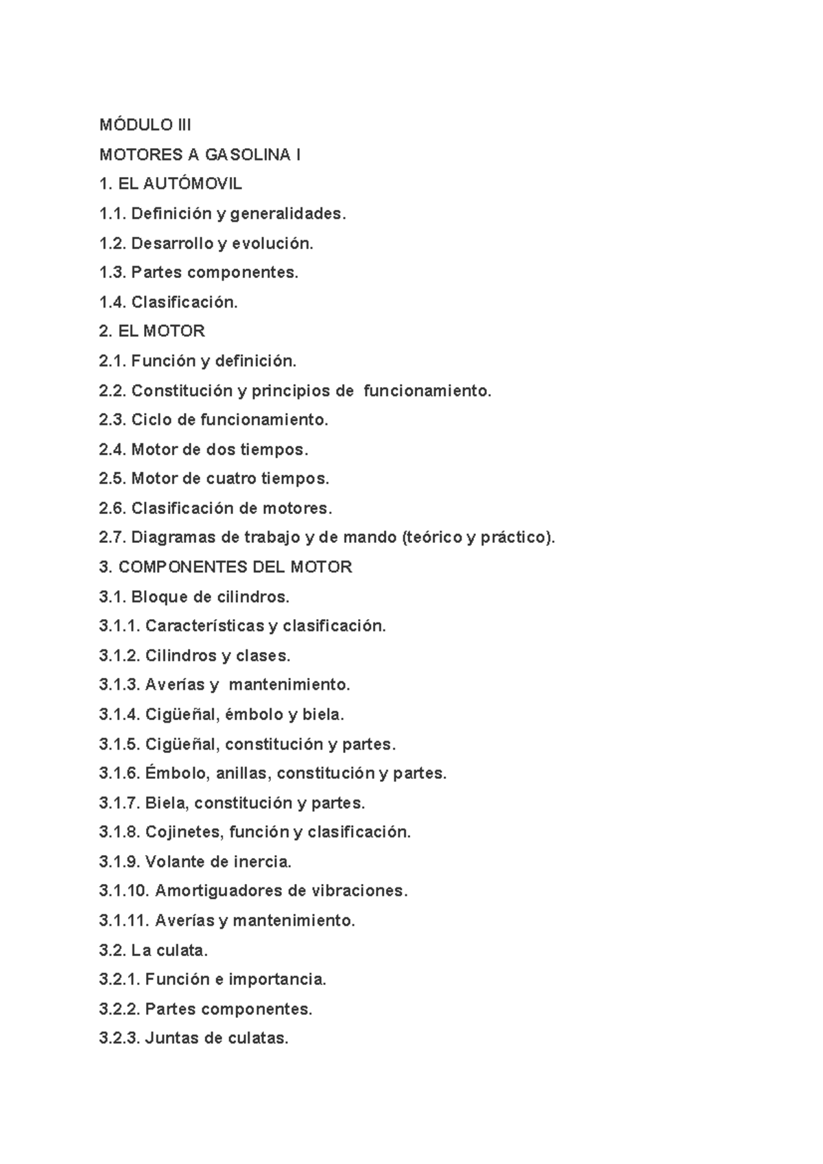 Temario MÓDULO MOTORES A GASOLINA I - Trabajo Distribución - Studocu