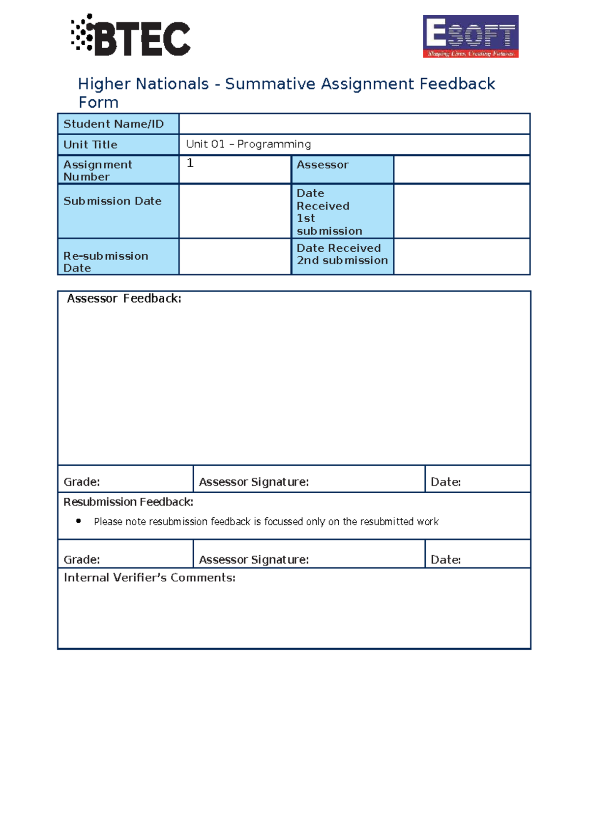 BTEC HND Computing Unit 01 Programming Assignment 1 Feedback Form - Studocu