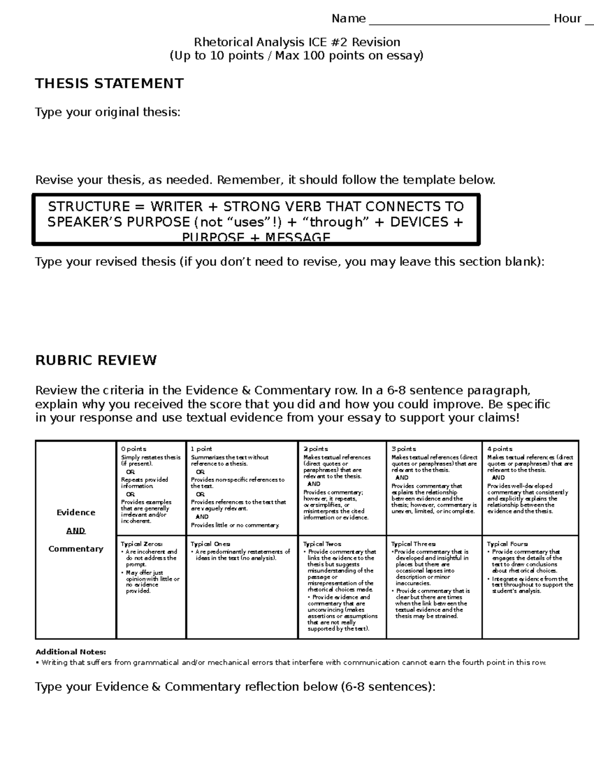 Rhetorical Analysis Revision Activity 2: Thesis & Evidence Commentary ...
