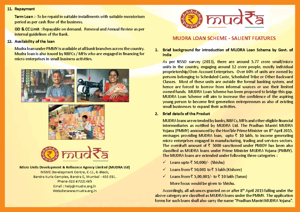 Mudra Loan Scheme Overview and Key Features (PMMY) - Studocu
