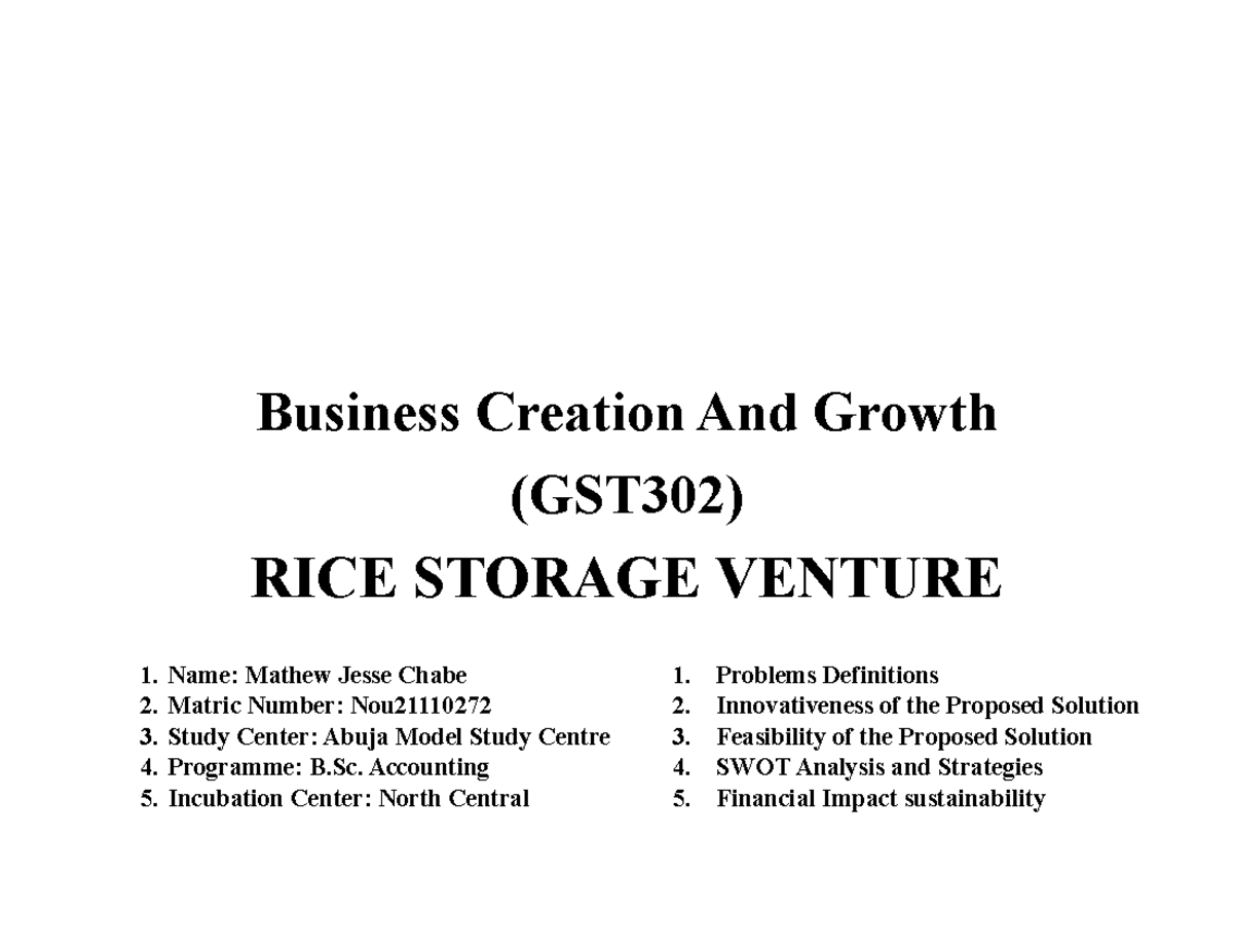 RICE STORAGE VENTURE BUSINESS PLAN (GST 302) by Mathew Jesse Chabe ...