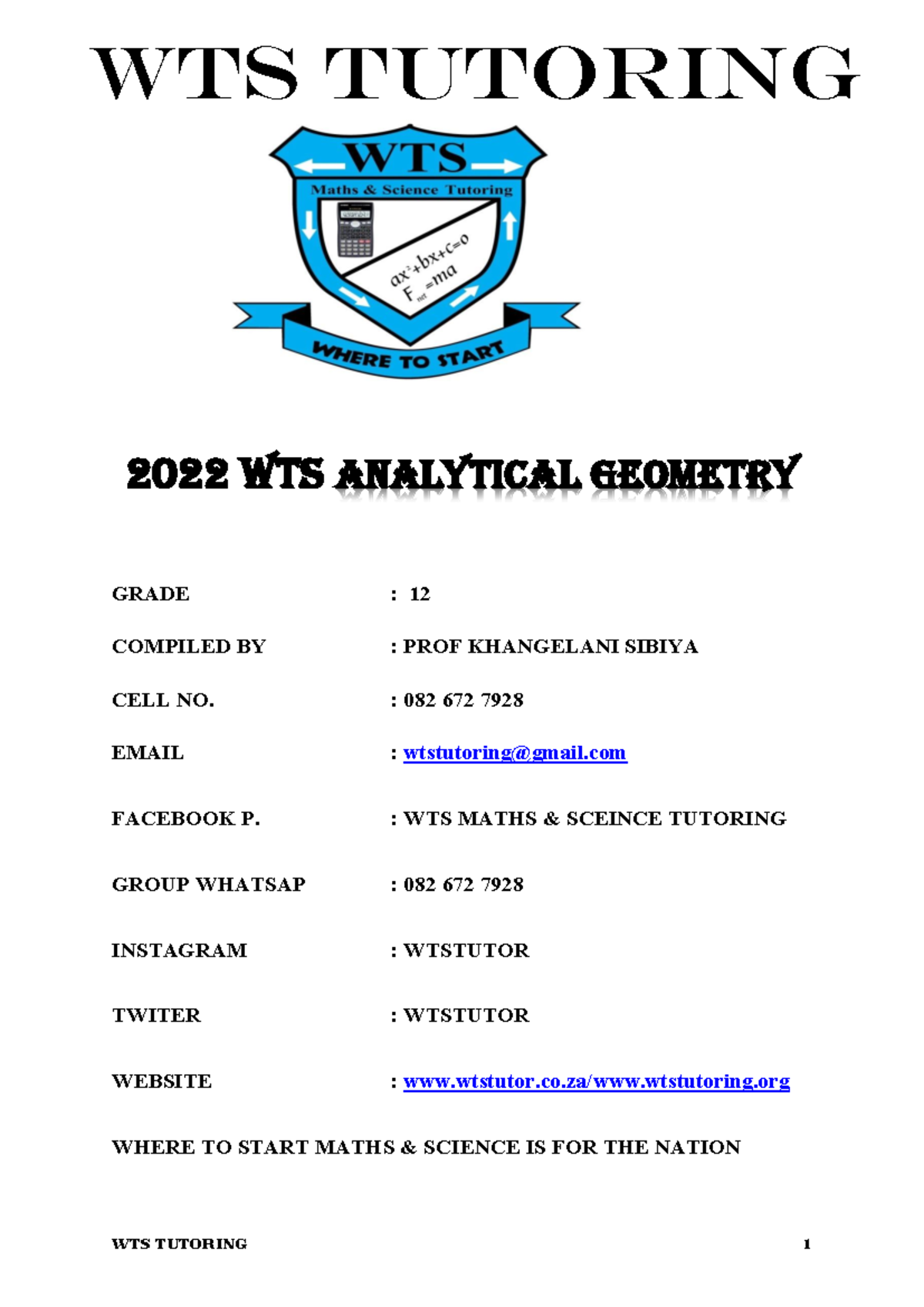 WTS 12 Analytical Geometry Study Notes: Key Concepts & Formulas - Studocu