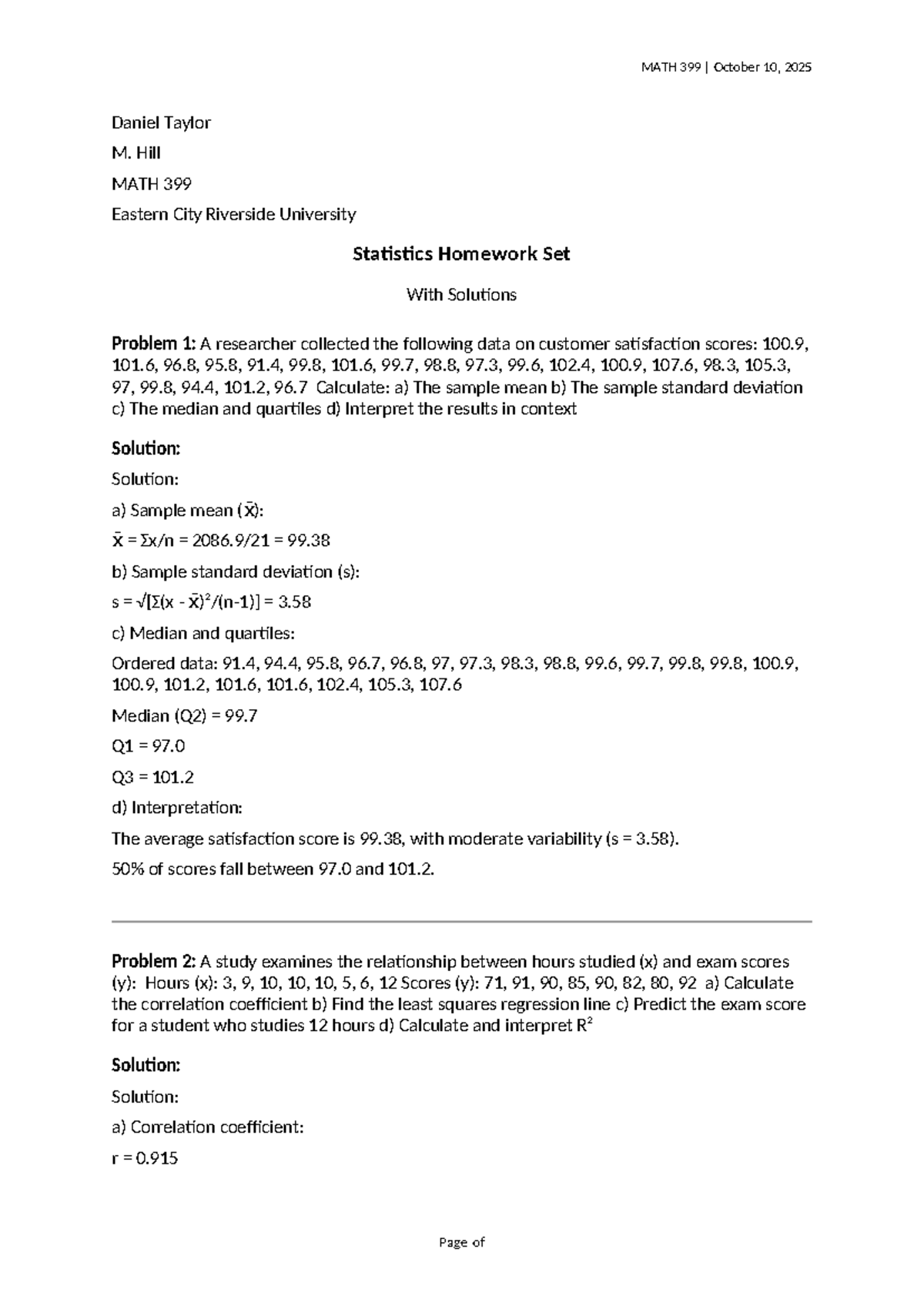 MATH 399 Statistics Homework Solutions and Interpretations - Studocu