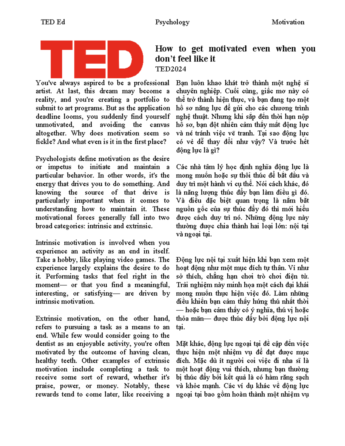 TED2024 Psychology: Understanding Motivation and Its Dynamics - Studocu