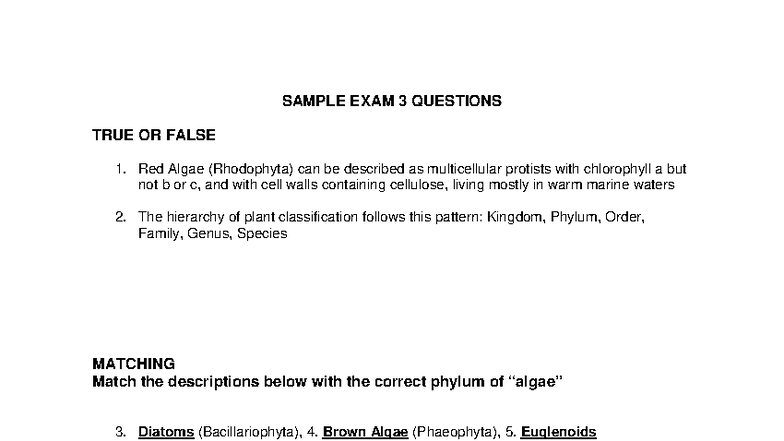 EXAM 3 Sample Questions: True/False, Matching, and MCQs - Studocu