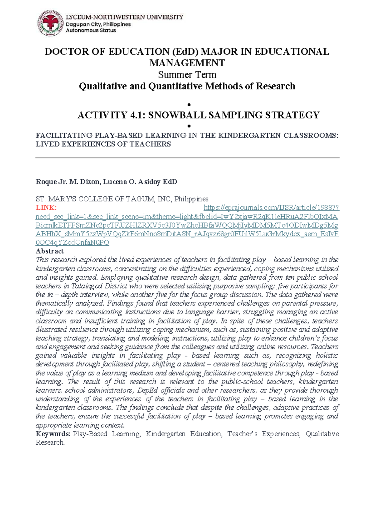 EdD Qualitative & Quantitative Research: Snowball Sampling in ...