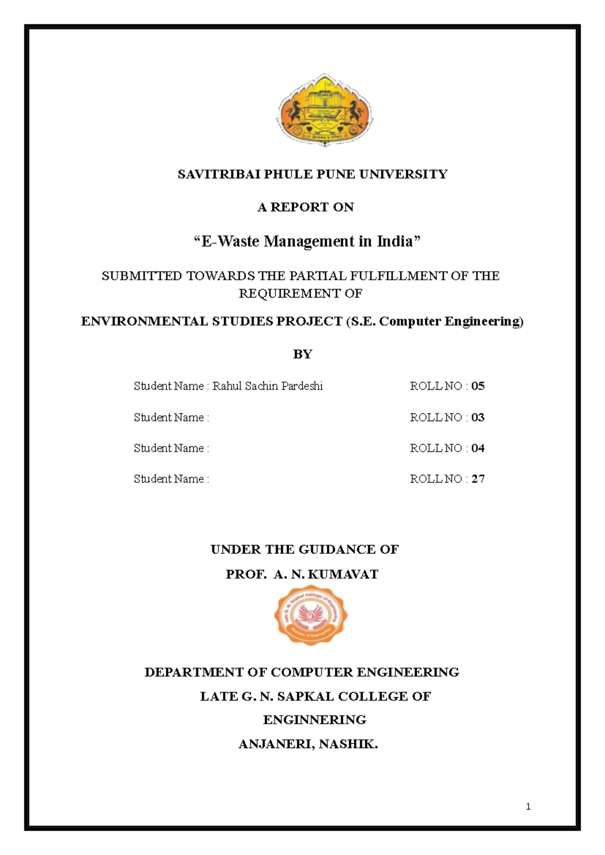 Environmental Studies Project Report on E-Waste Management (S.E. Comp ...