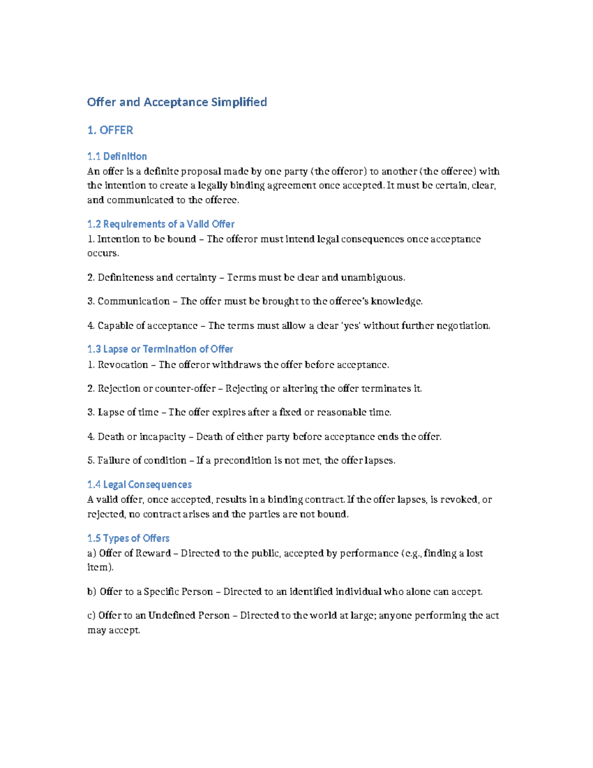 Contract Law: Offer and Acceptance Simplified Notes - Studocu