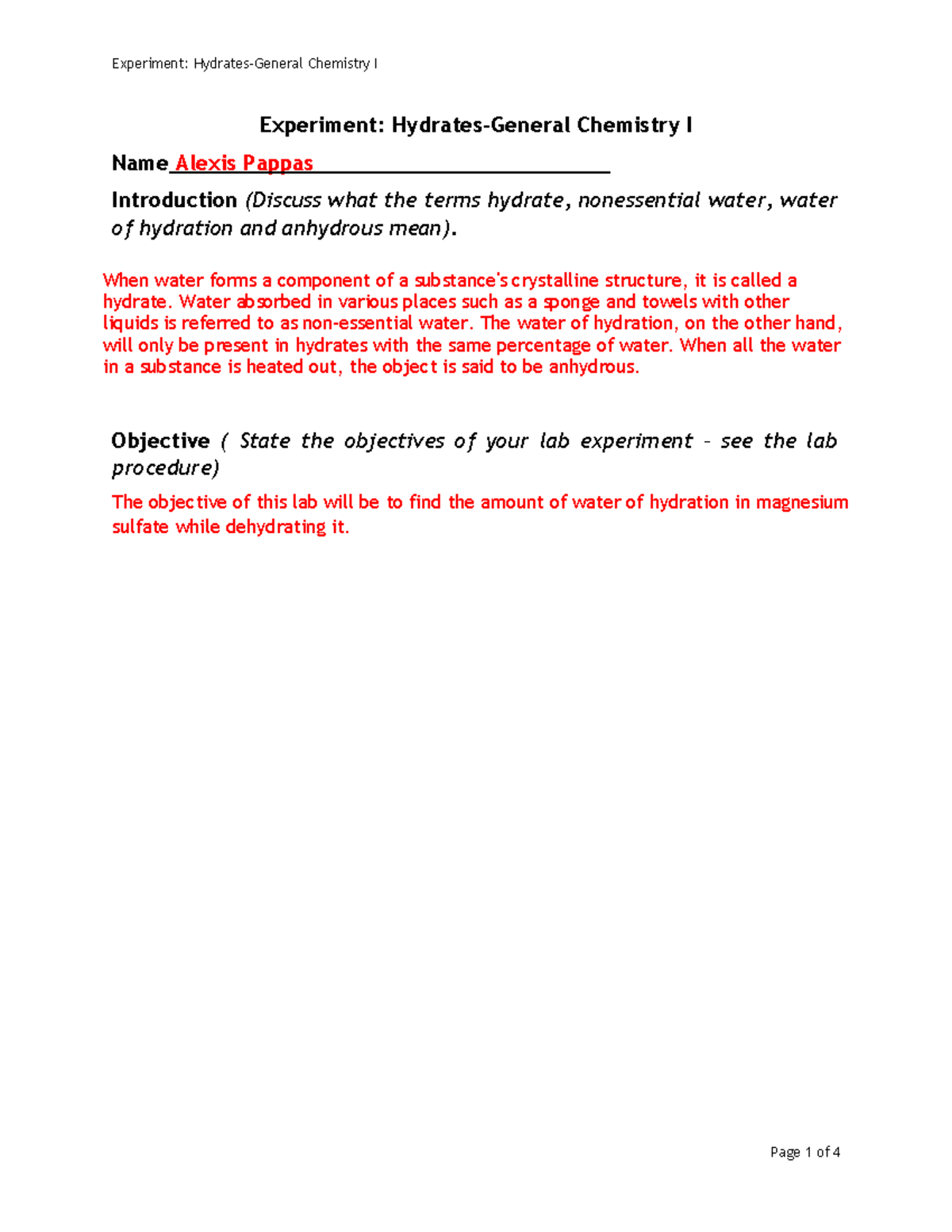 Hydrates Lab Report: Analyzing Water of Hydration in MgSO4 (Chem I ...