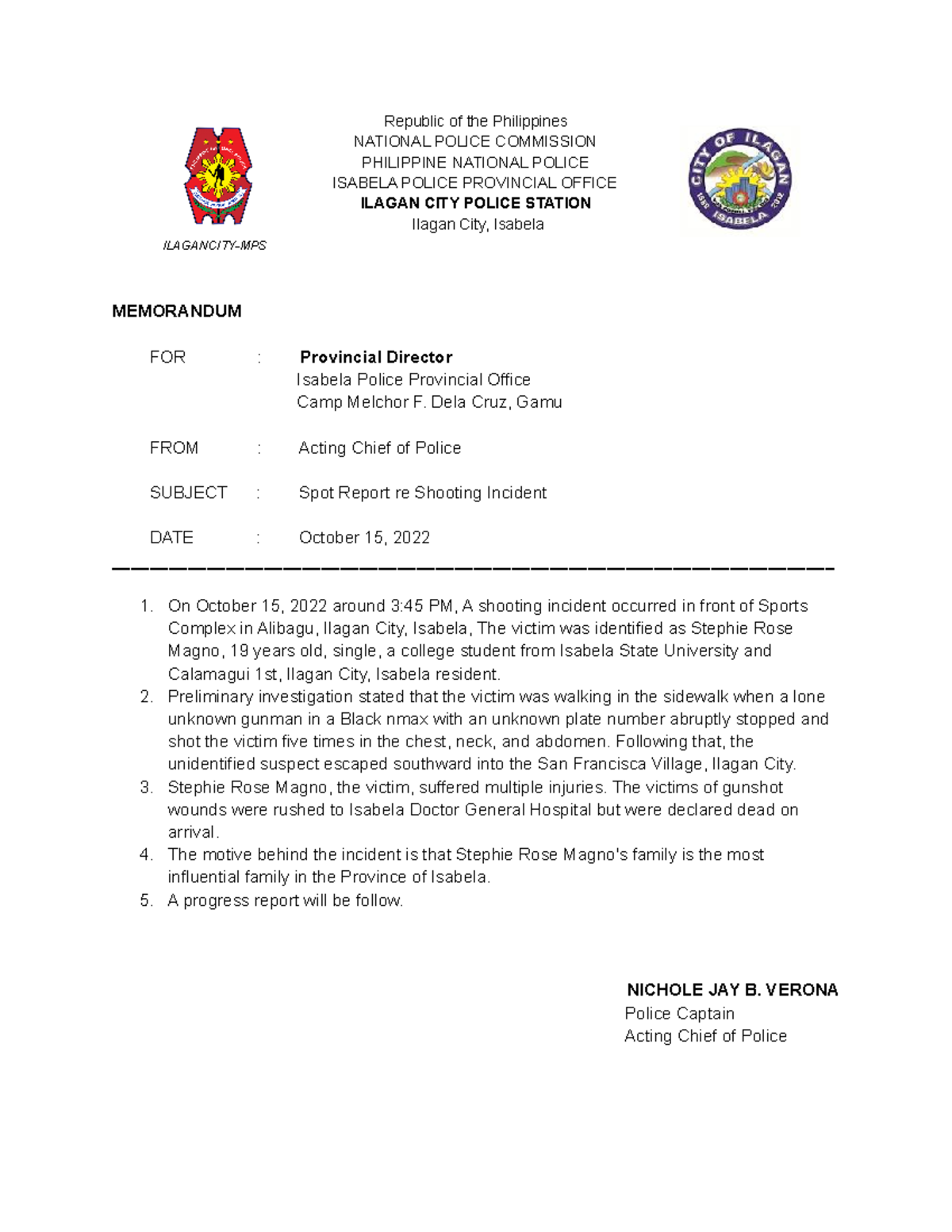Spot Report - Shooting Incident in Ilagan City (ILAGANCITY-MPS) - Studocu